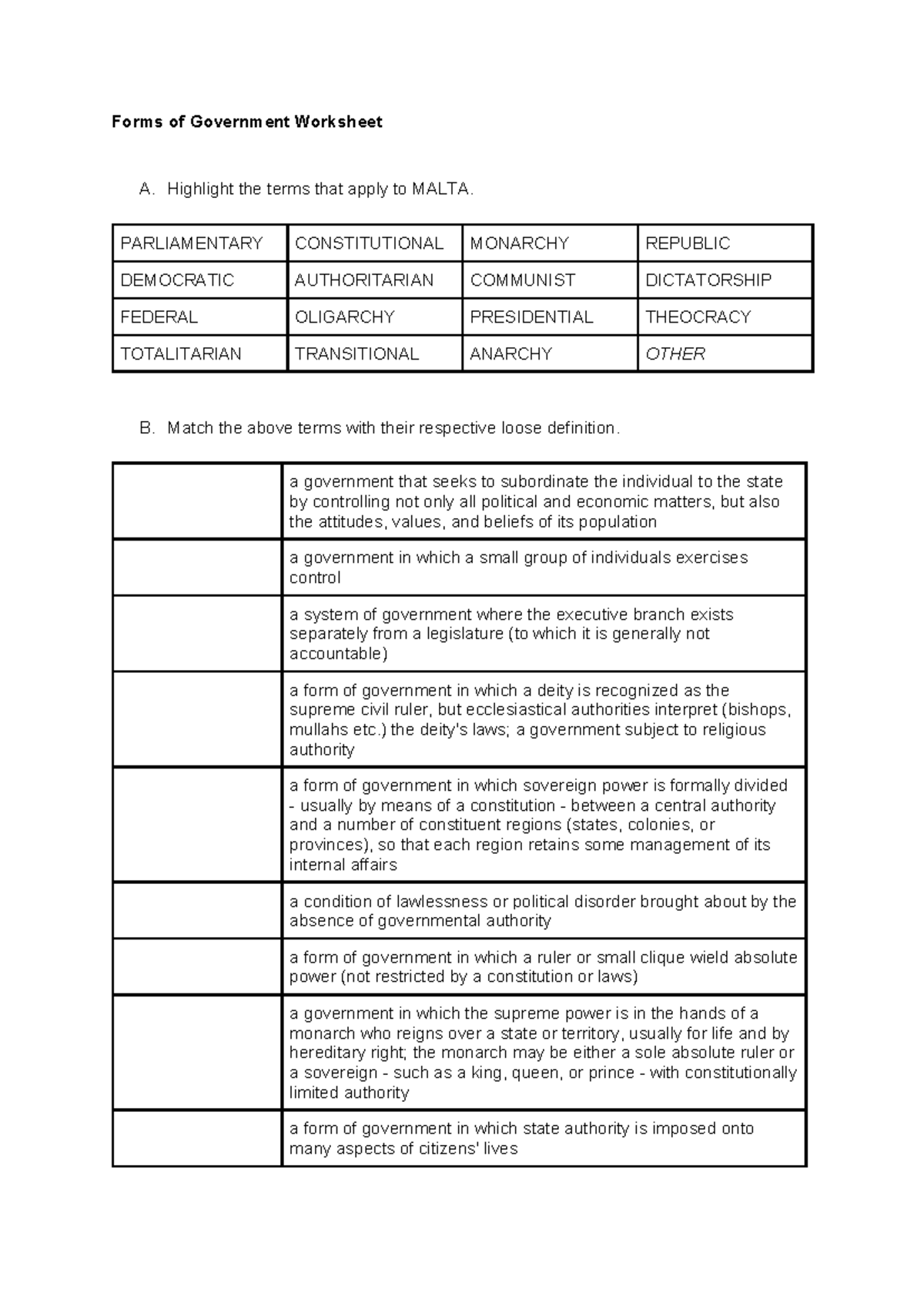 Forms of Government Worksheet A: Malta's Political Structures and ...