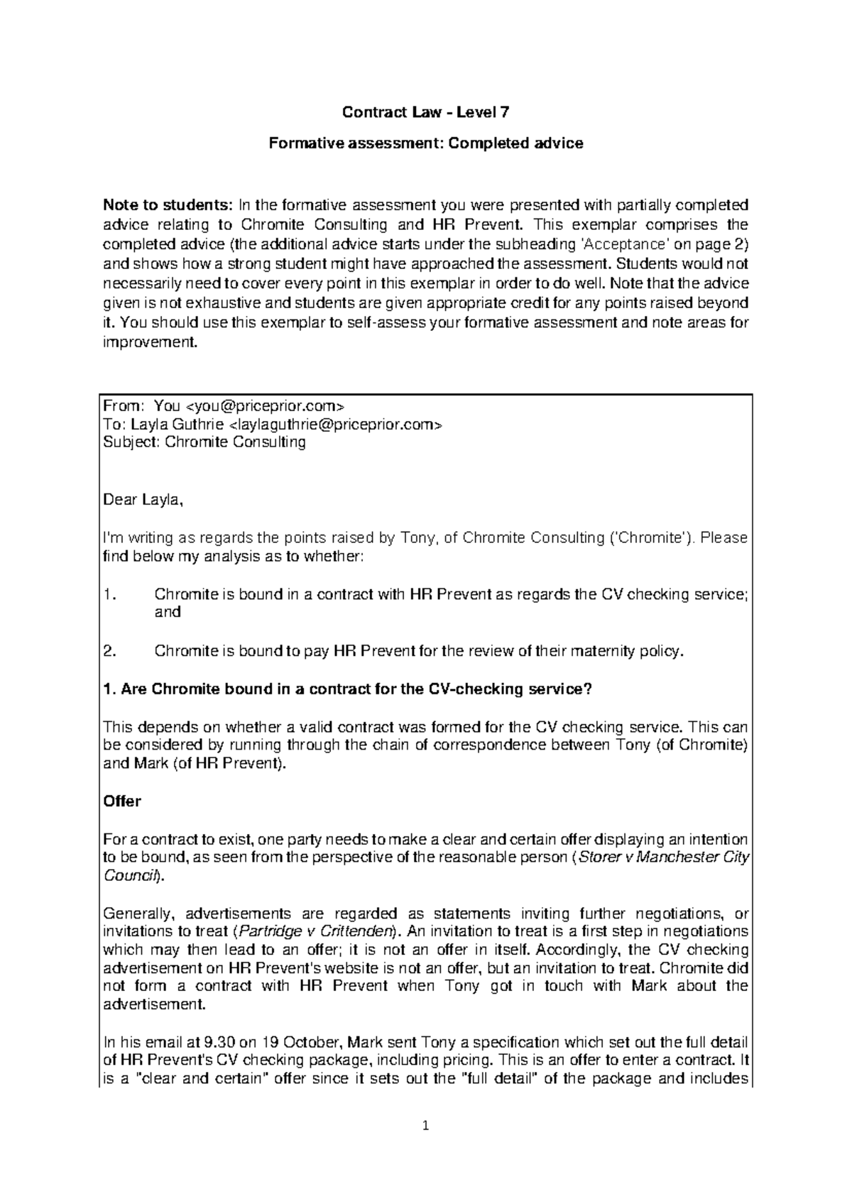 Contract law Formative Assessment - Exemplar - Contract Law - Level 7 Formative assessment ...