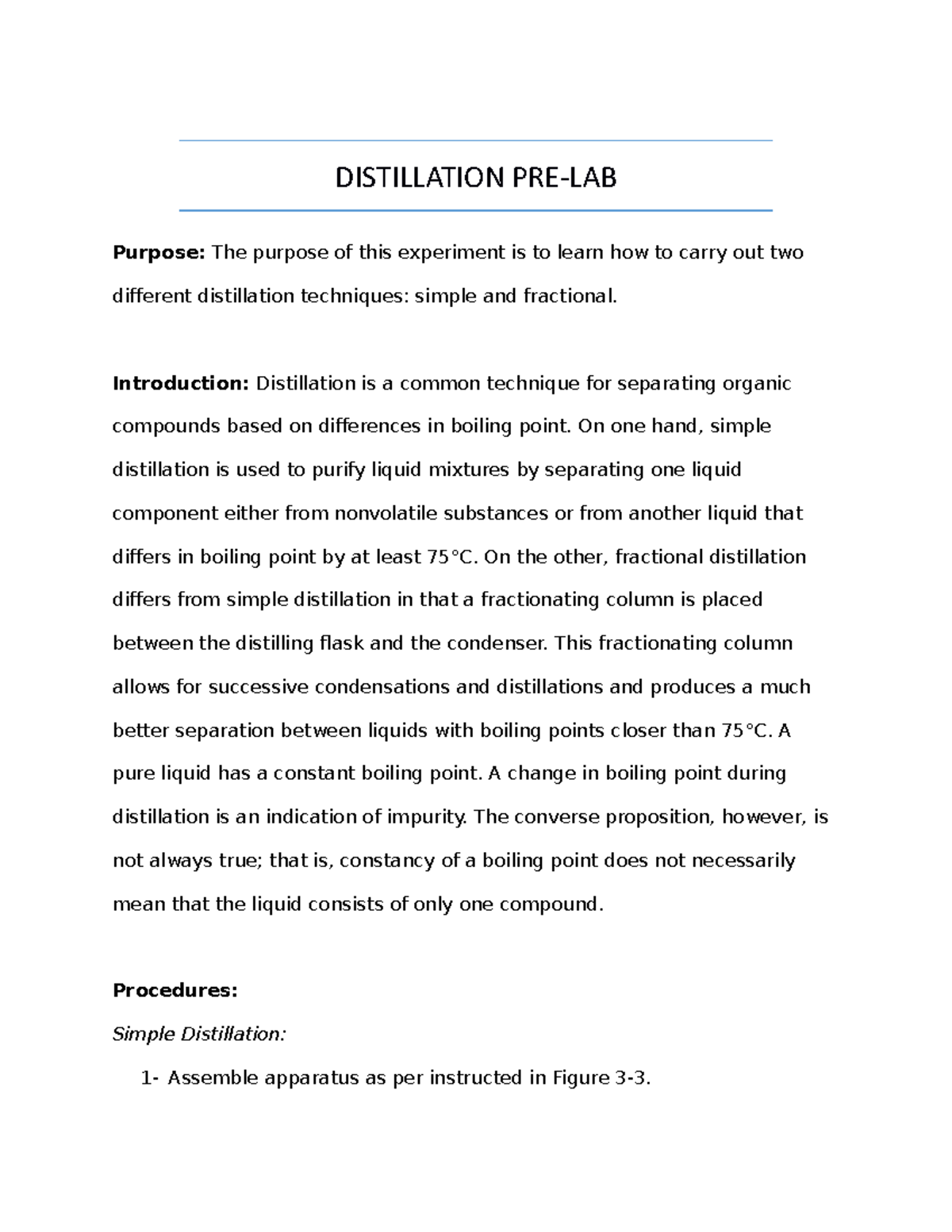 Distillation Pre-Lab Report - Organic Chemistry Techniques (CHEM 101 ...