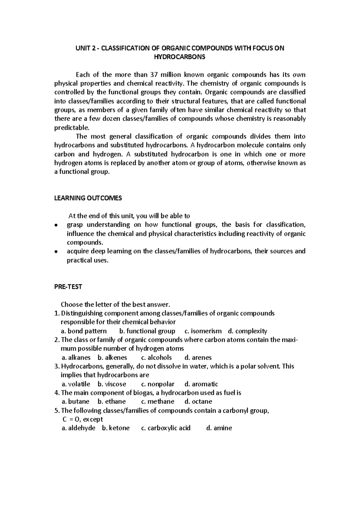 UNIT 2: CLASSIFICATION OF ORGANIC COMPOUNDS - FOCUS ON HYDROCARBONS - Studocu