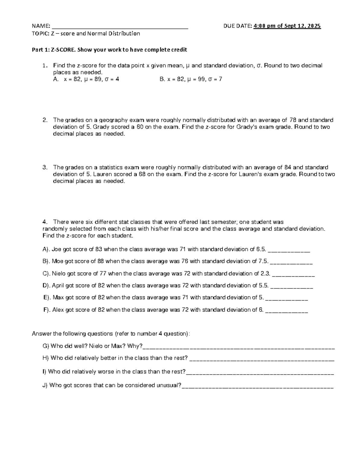 Z-Scores and Normal Distribution Analysis - STAT 101 Final Exam Guide - Studocu