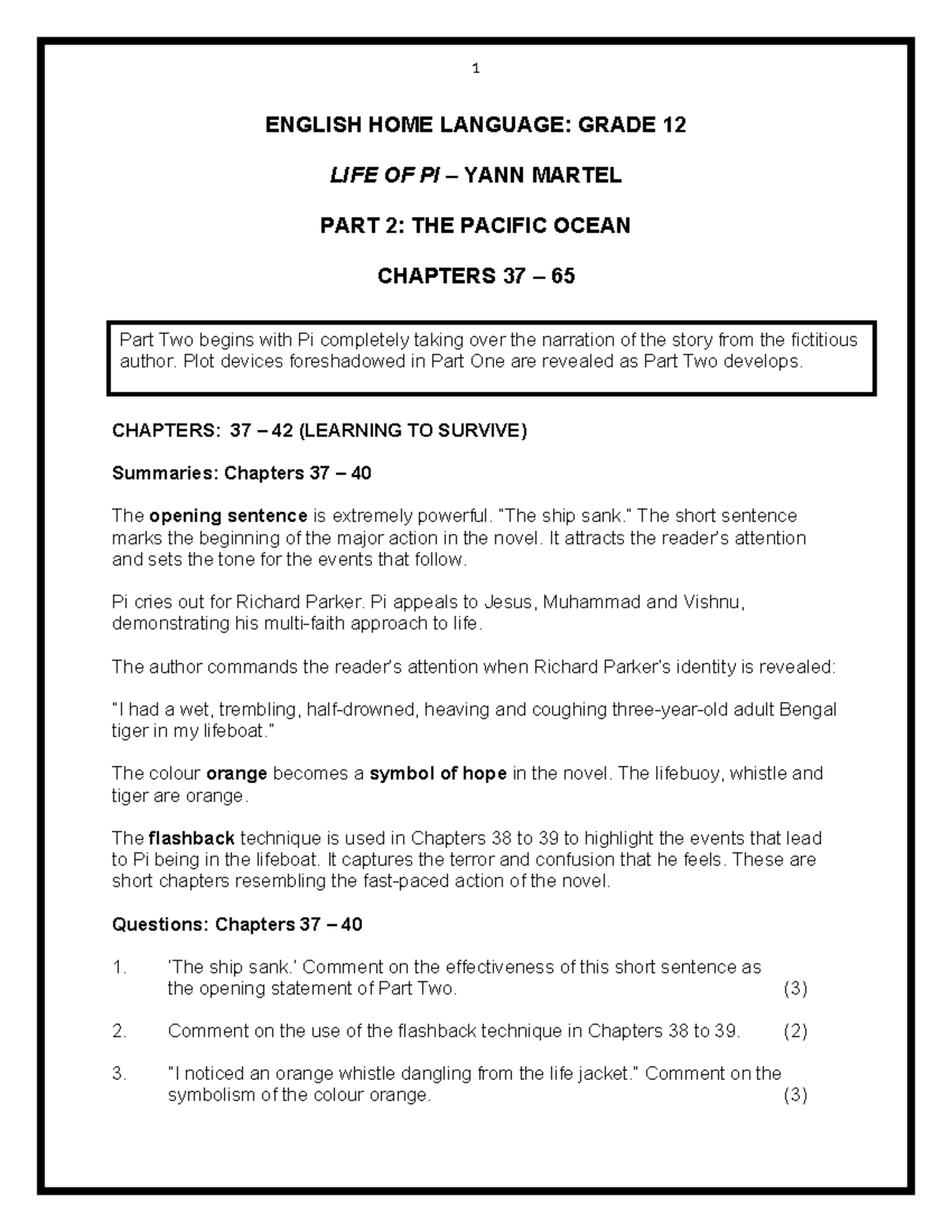 ENGLISH HOME LANG: GRADE 12 LIFE OF PI CH 37 - 65 SUMMARY & QUESTIONS ...