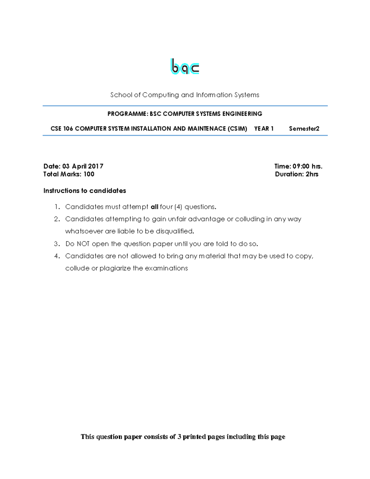 CSIM CSE 106 Final Exam 4 Assessment Paper - Year 1 Semester - Studocu