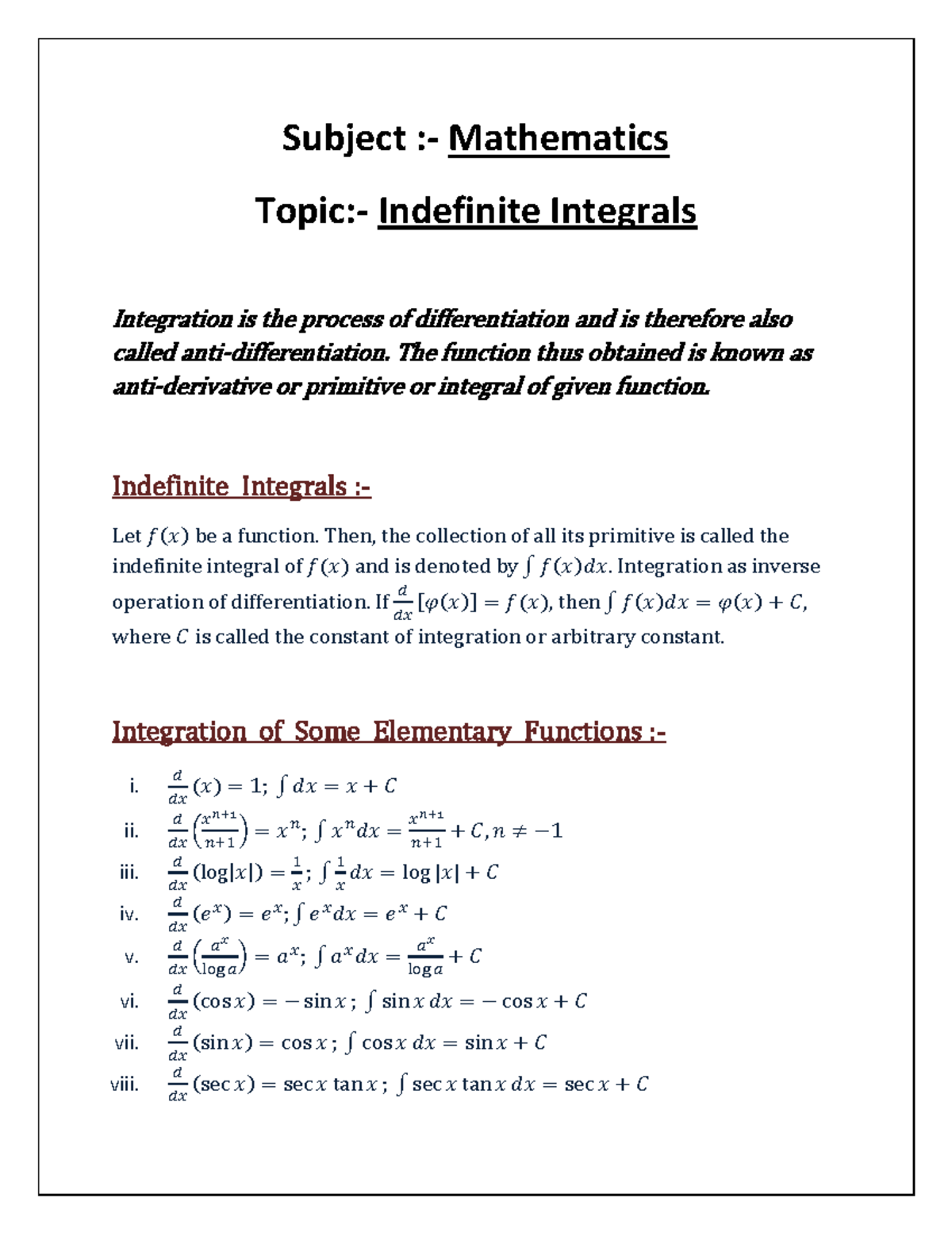 Indefinite integral-class notes - Mathematics honours - Calcutta ...