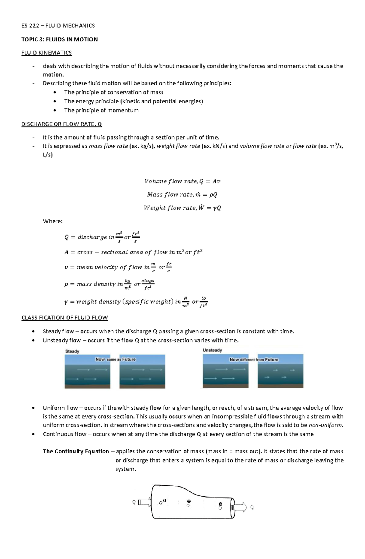 ES 222 - Topic 3 Fluids IN Motion - ES 222 – FLUID MECHANICS TOPIC 3 ...