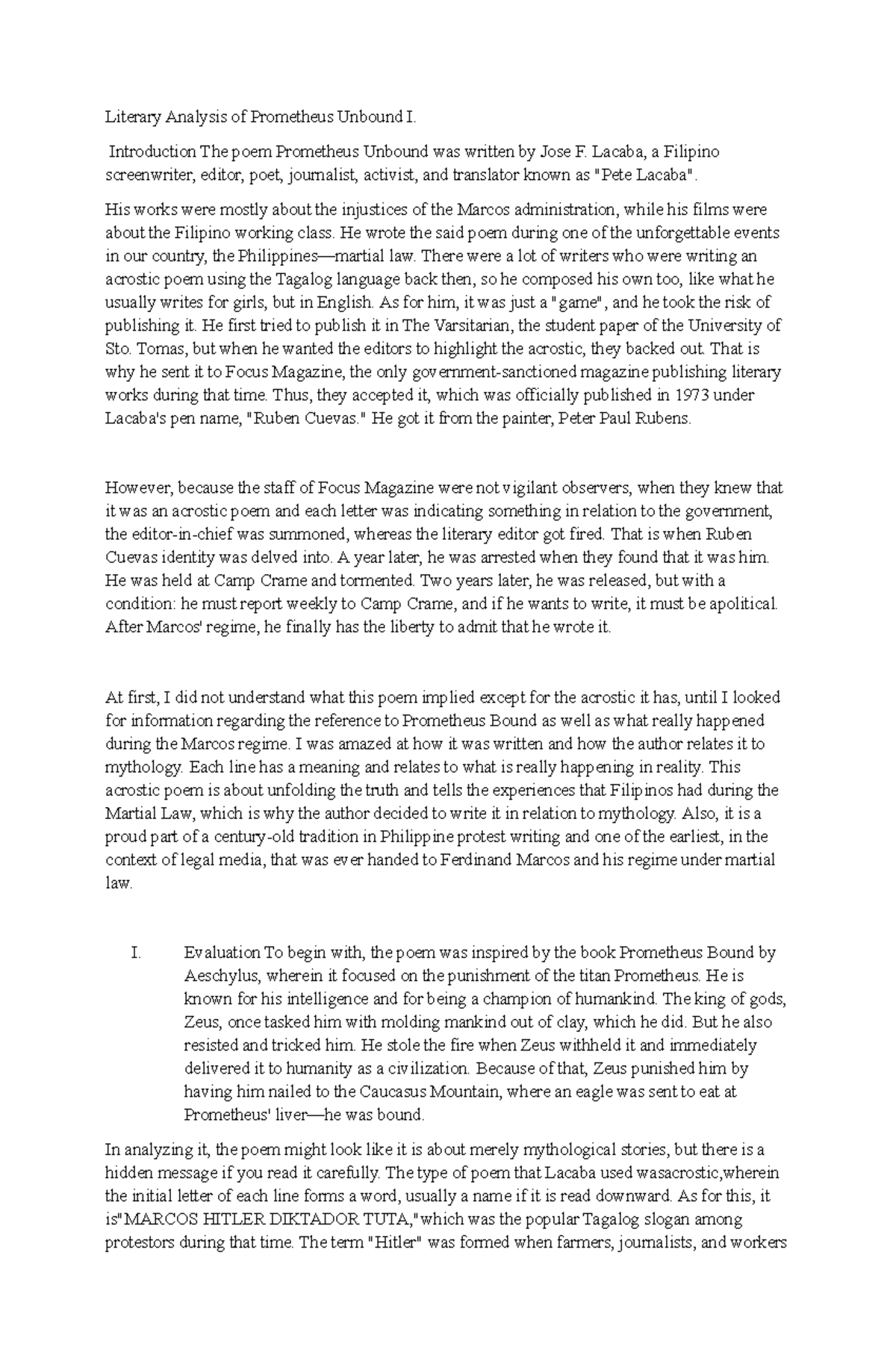 Literary Analysis: Prometheus Unbound I - Examining Lacaba's Context ...