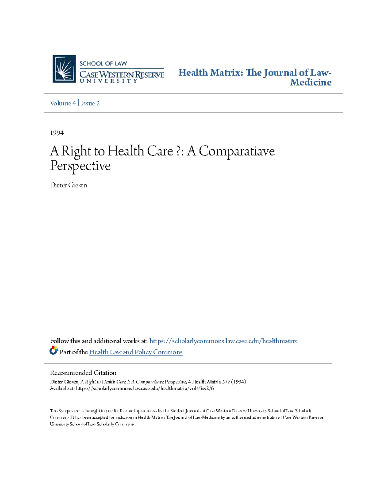 A Right to Health Care A Comparatiave Perspective - Health Matrix: The ...