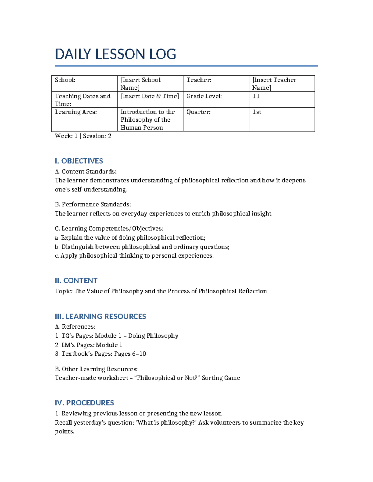 DLL Session 2: Intro to Philosophy - Week 1 Lesson Plan - Studocu