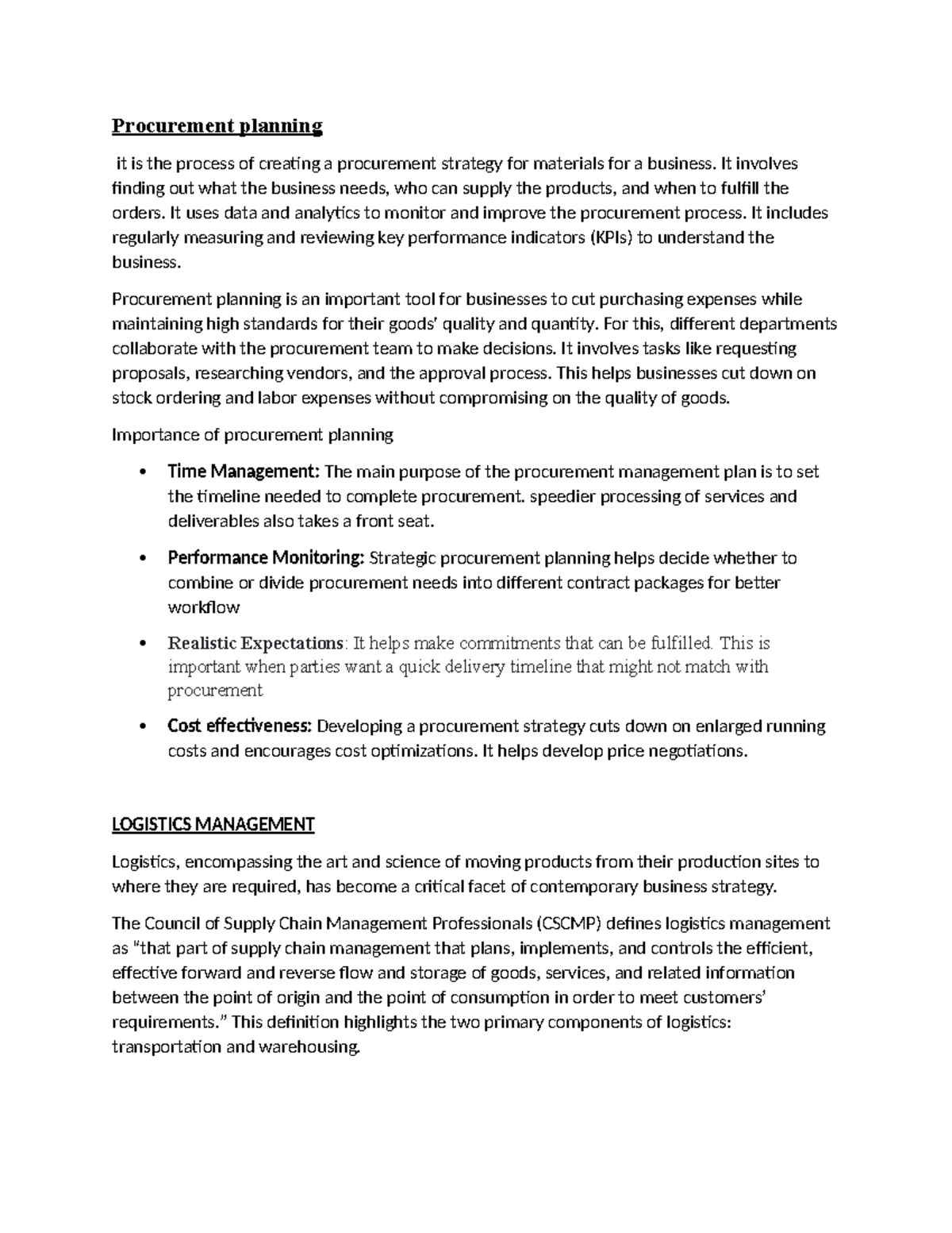 HSM III Notes: Procurement Planning & Logistics Management - Studocu