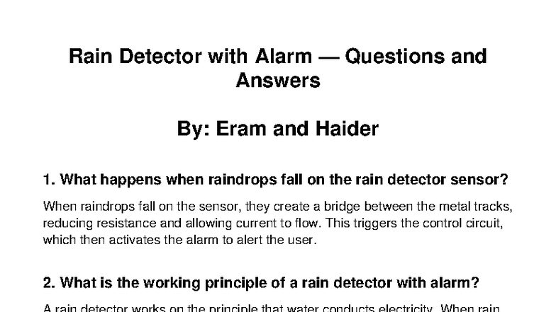 Rain Detector with Alarm Q&A: Eram & Haider Insights - Studocu