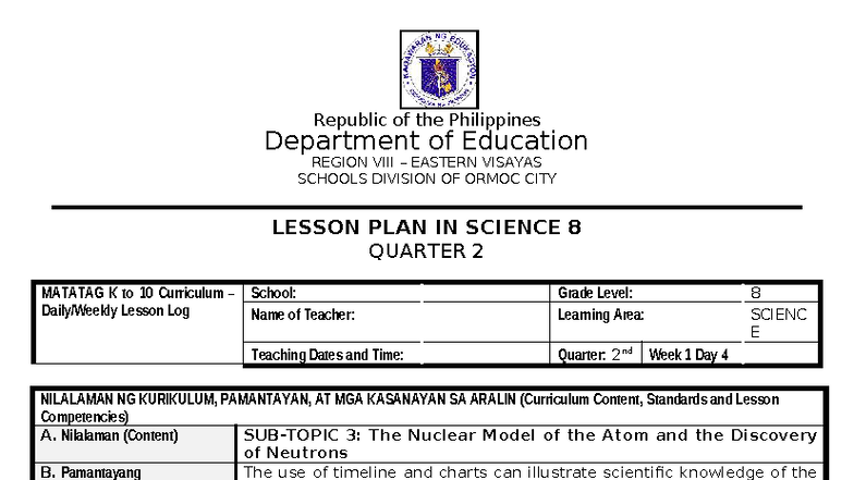 G8 SCIENCE Q2 W1 D4 Lesson Plan: The Nuclear Model of the Atom - Studocu