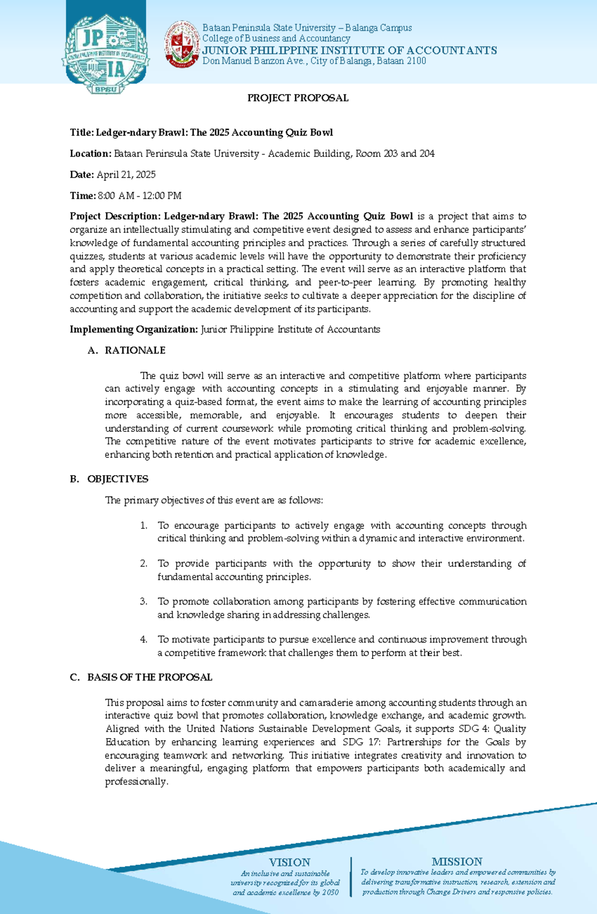 Bataan Peninsula State University JPIA Proposal: 2025 Accounting Quiz ...