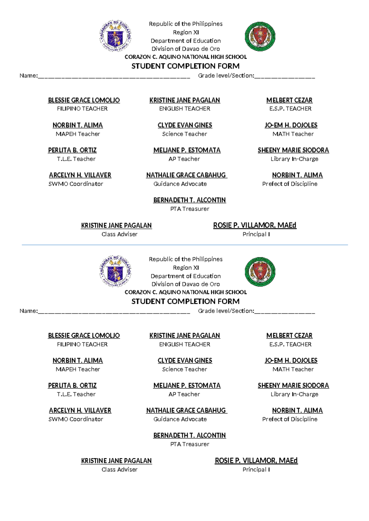 Student Completion Form - Corazon C. Aquino National High School - Studocu