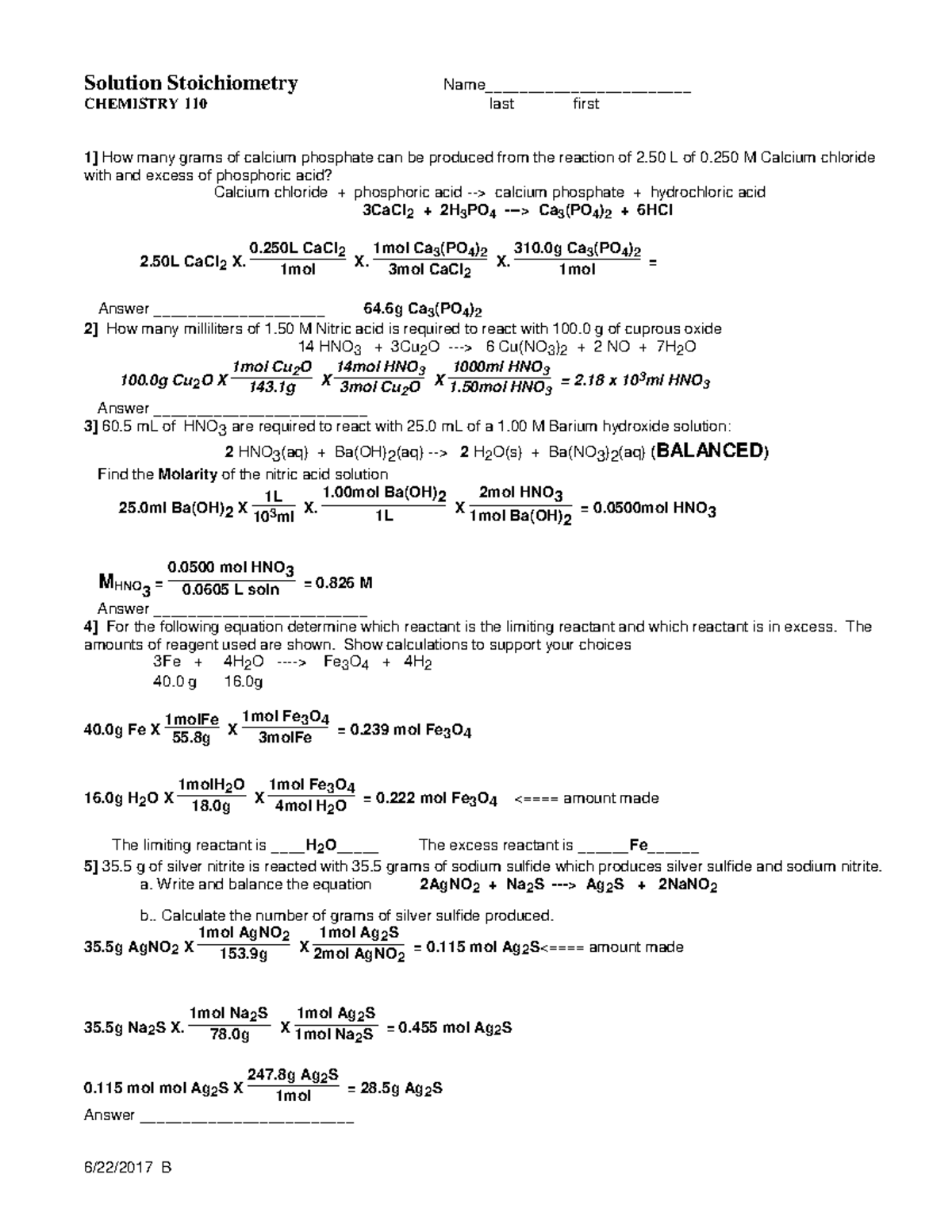 Solution Stoichiometry Key CHEM 110 Worksheet Answers - Studocu