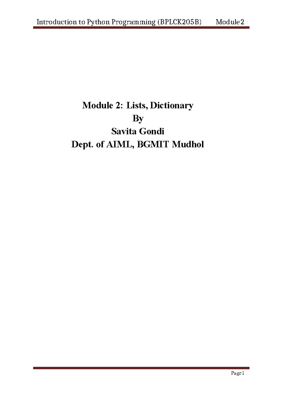 Introduction to Python Programming (BPLCK205B) Module 2: Lists & Dictionaries - Studocu