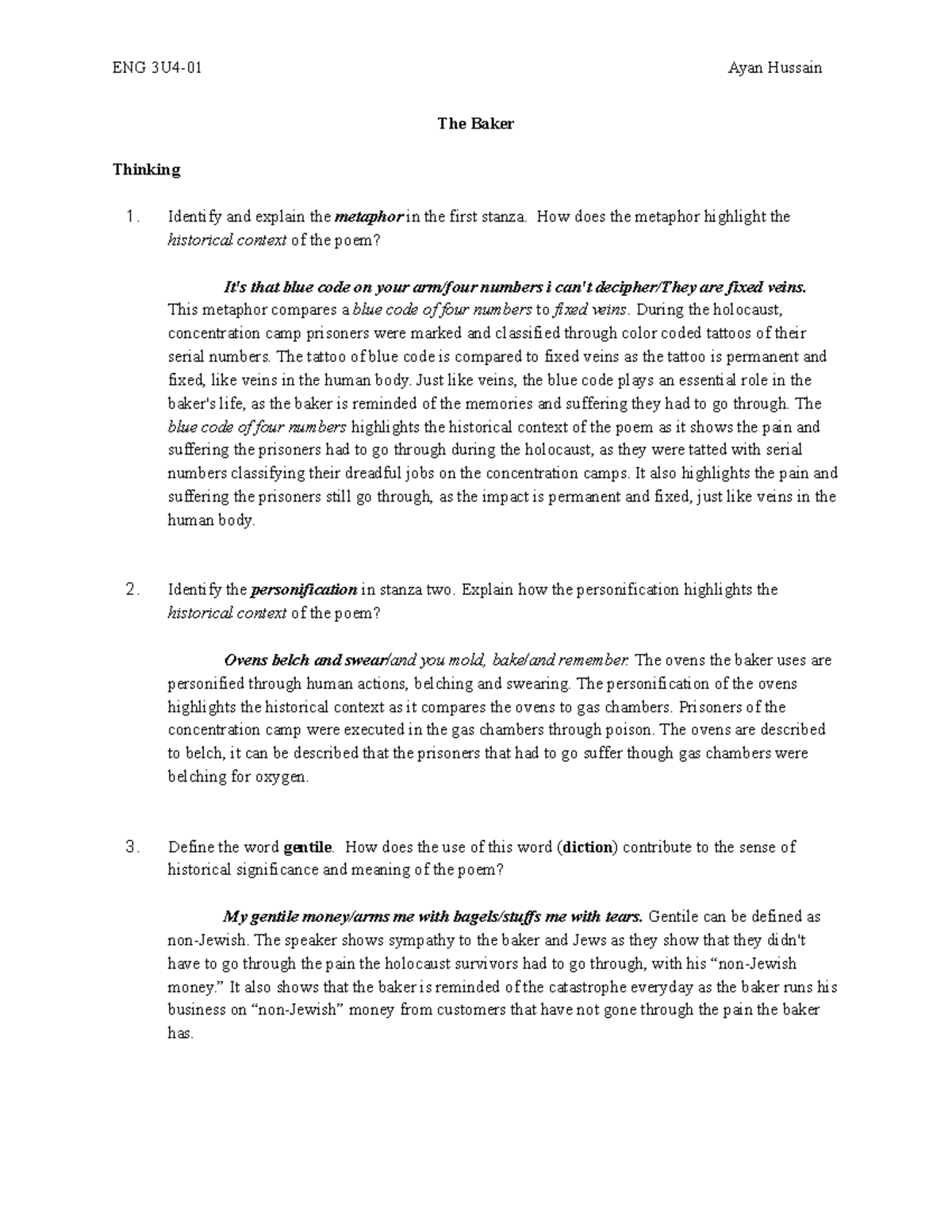 ENG 3U4-01 Literature Assignment on "The Baker" Poem Analysis - Studocu