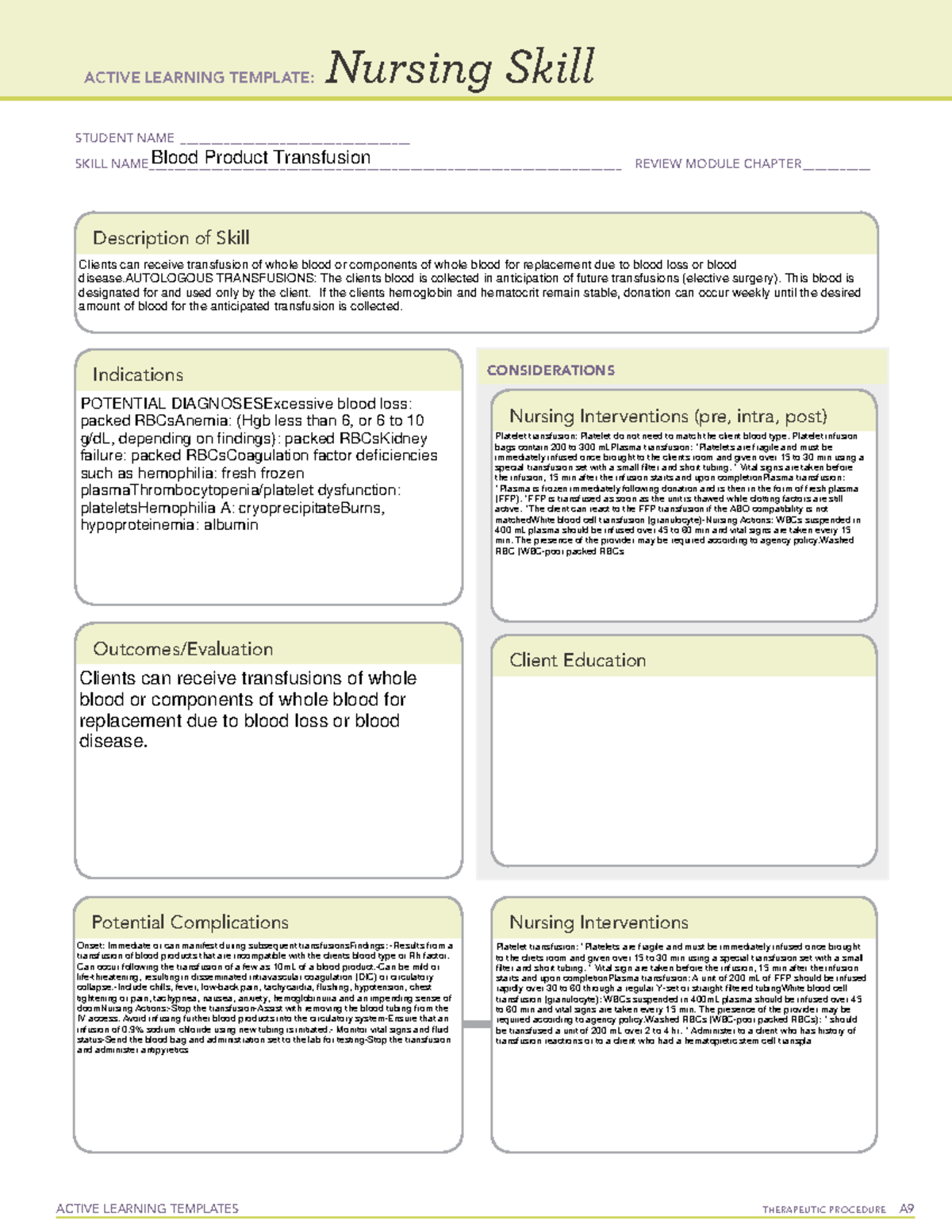 Active Learning Template: Nursing Skill for Blood Transfusion (NUR 301 ...