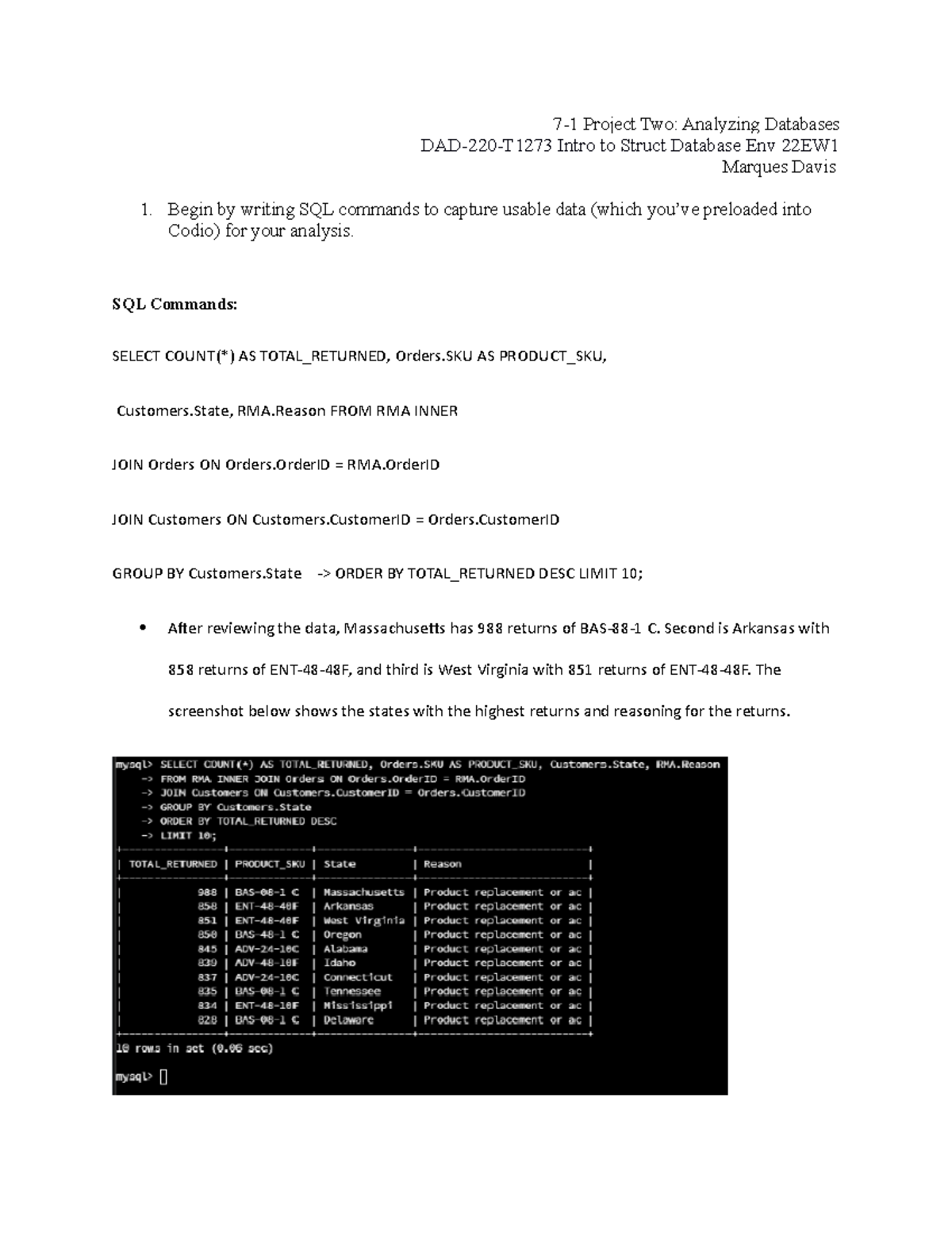 7-1 Project Two Analyzing Databases MD - 7-1 Project Two: Analyzing Databases DAD-220-T1273 ...