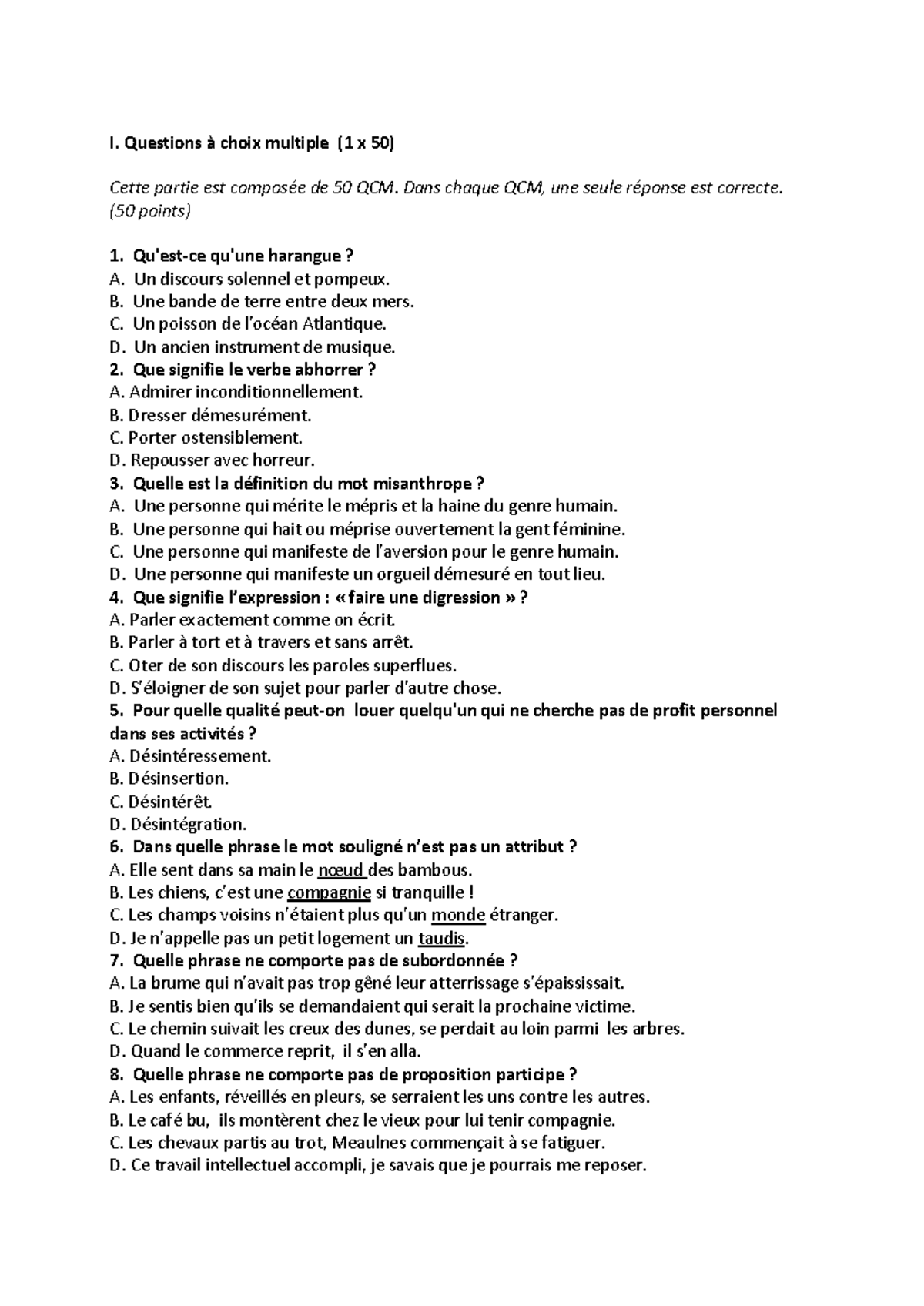 I.Questions-à-choix-multiple - I. Questions à choix multiple (1 x 50 ...