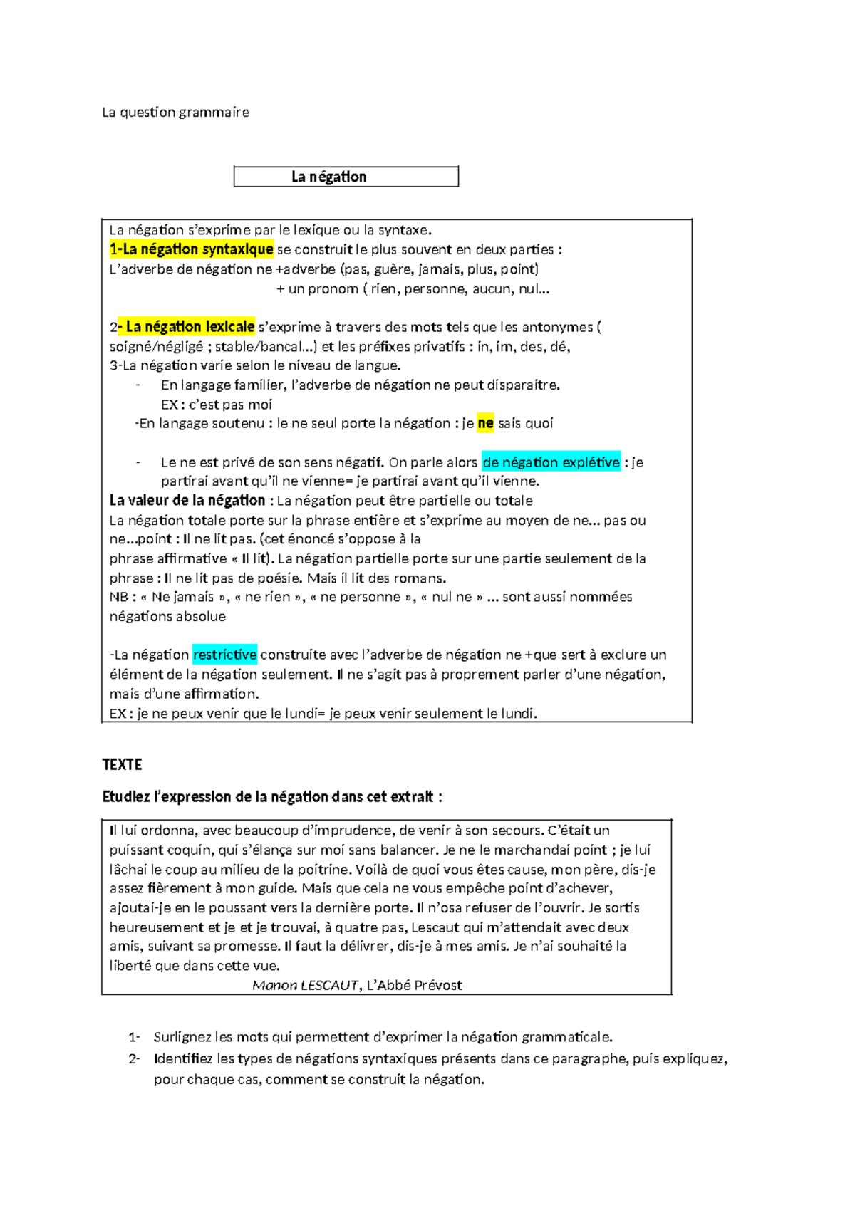 Étude de la Négation en Grammaire - Cours de Français - Studocu