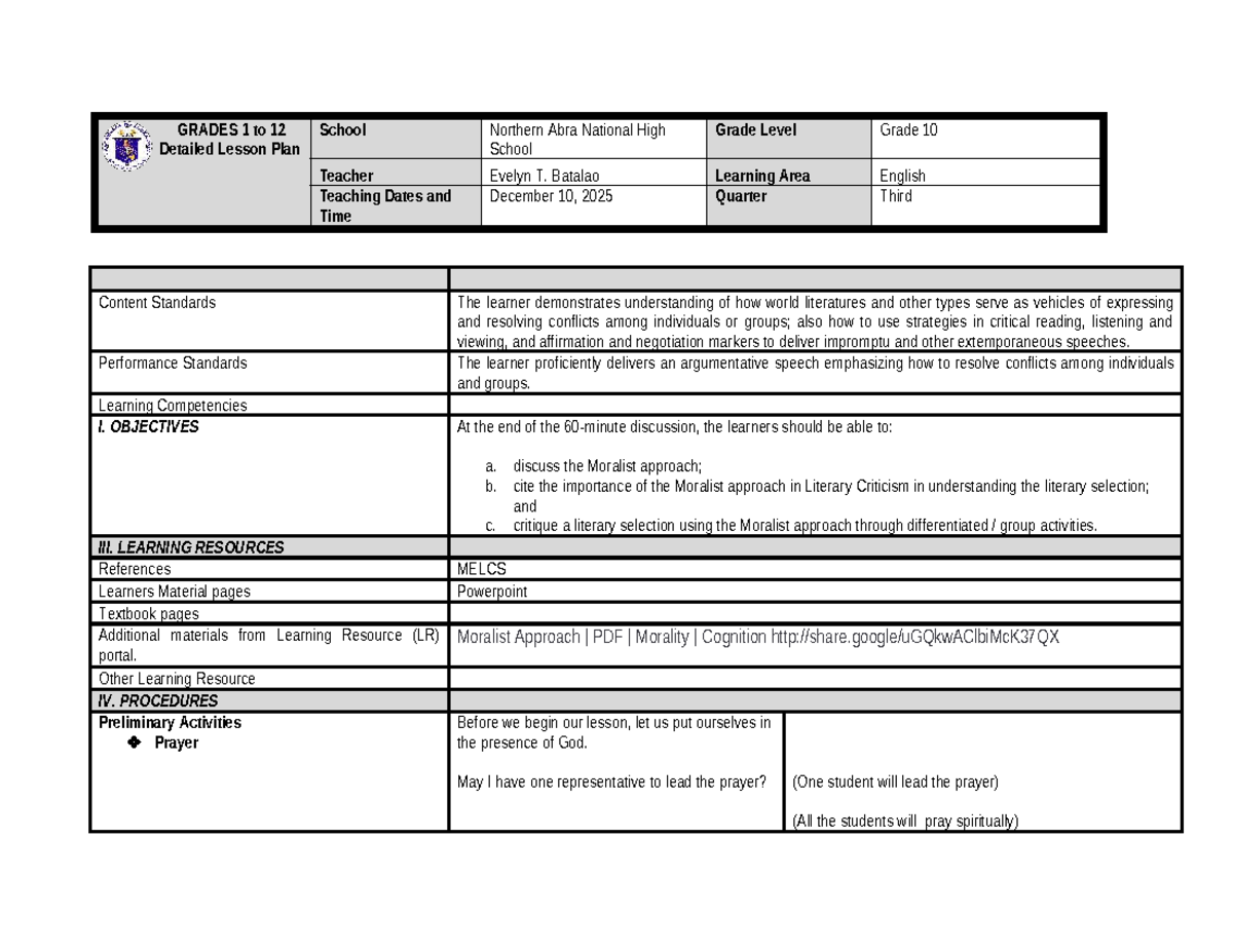 Detailed Lesson Plan for English 10: Exploring the Moralist Approach ...