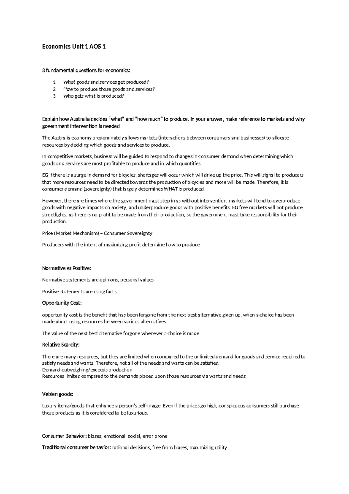 Economics Year 11 - AOS 1 Exam Revision Notes on Market Mechanisms ...