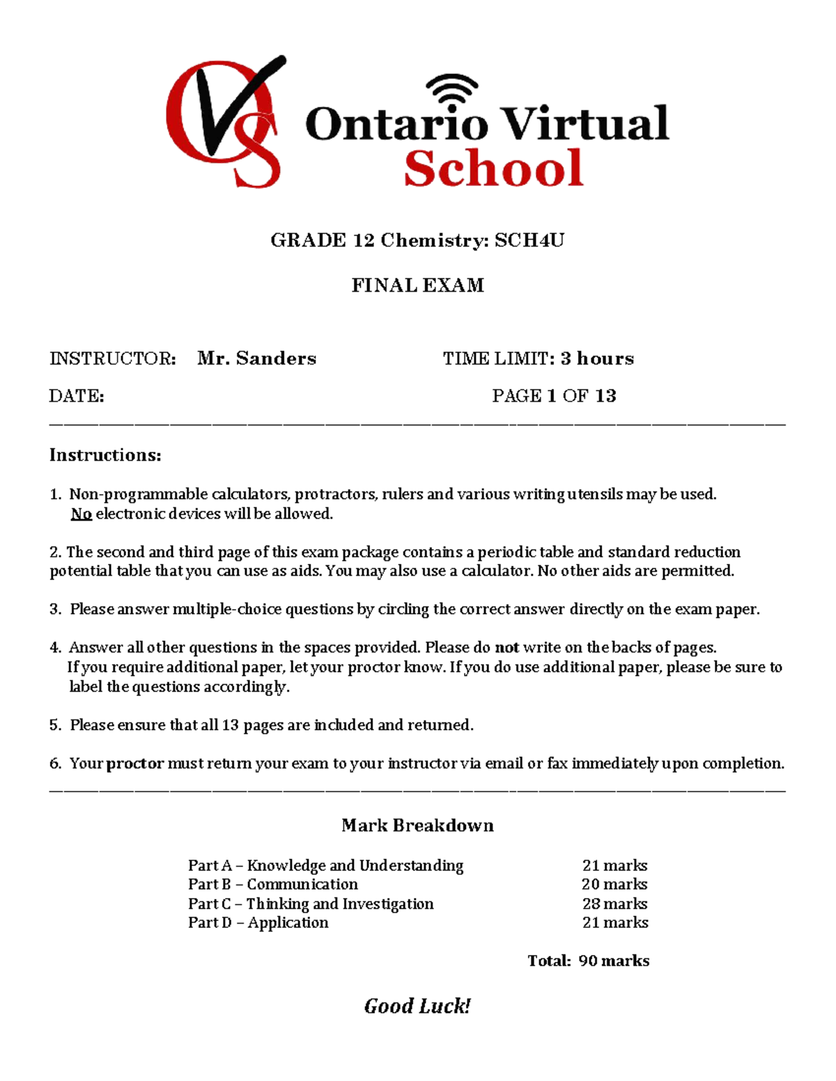 GRADE 12 Chemistry: SCH4U FINAL EXAM Practice Questions and Guidelines ...