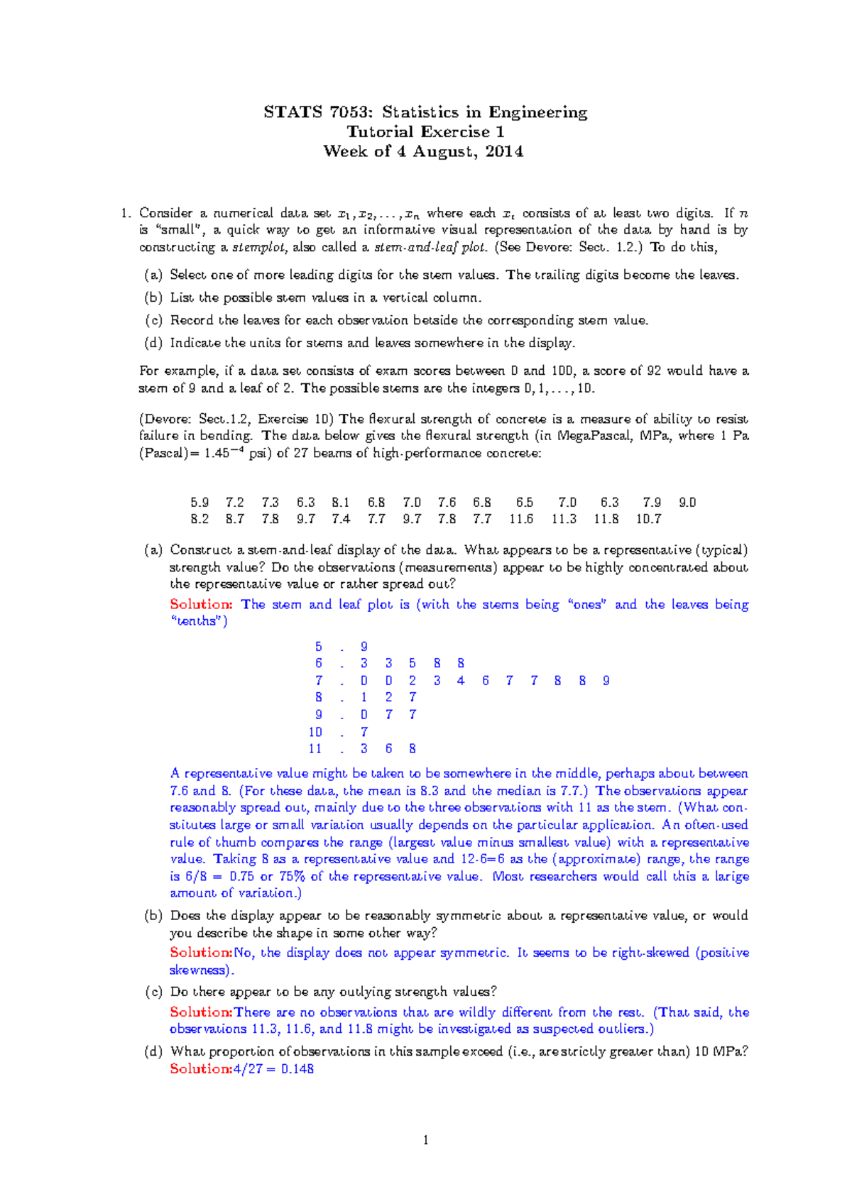 Tutorial work 1, Questions and answers - Tutorial Exercise 1 - STATS ...