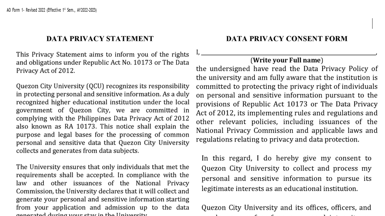 QCU Admission Form 2026: Data Privacy Statement & Consent - Studocu