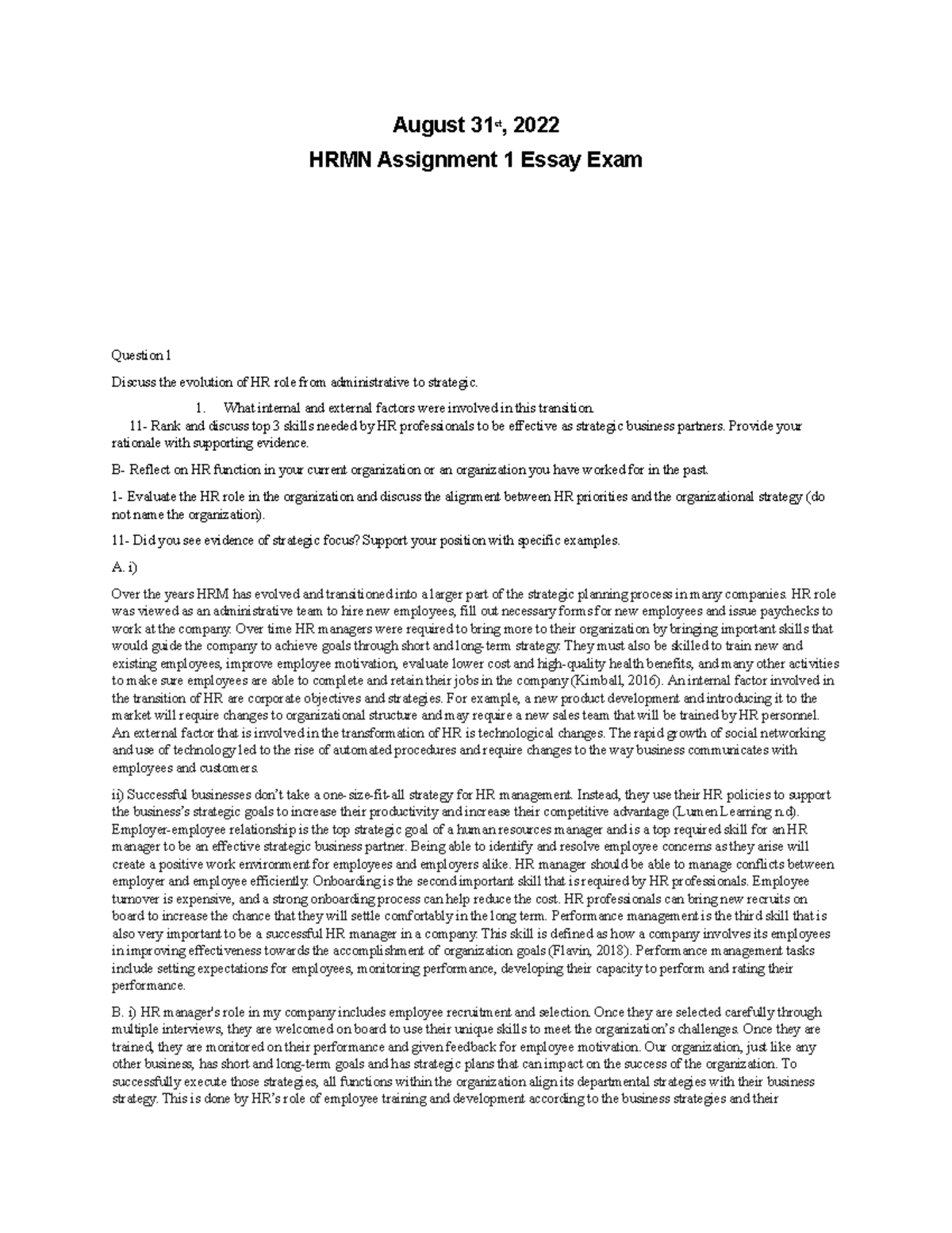 HRMN Assignment 1 - August 31st, 2022 HRMN Assignment 1 Essay Exam ...