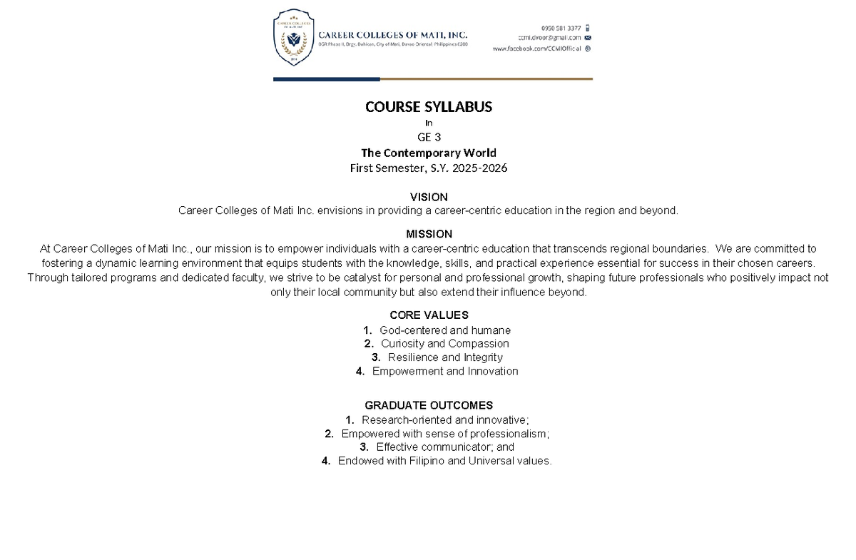 GE 3 Syllabus: The Contemporary World - First Semester Overview - Studocu