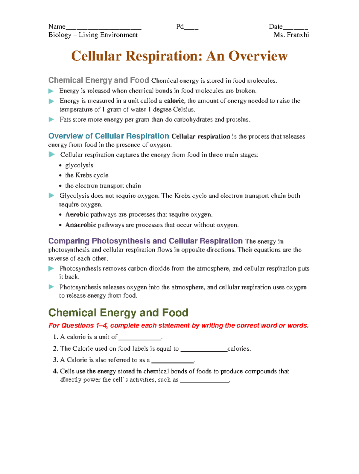 Biology Living Environment Ms. Franxhi Cellular Respiration Overview ...