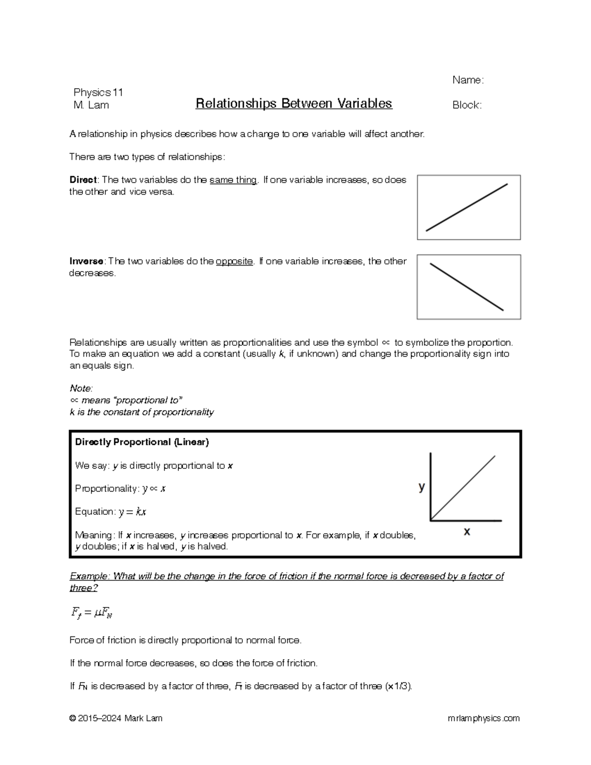 Physics 11: Relationships Between Variables - Notes and Examples - A ...