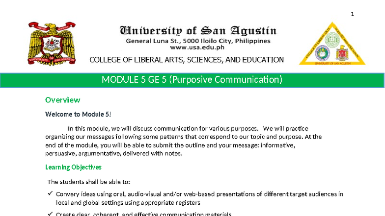 GE 5 (Purposive Communication) Module 5: Communication for Various ...