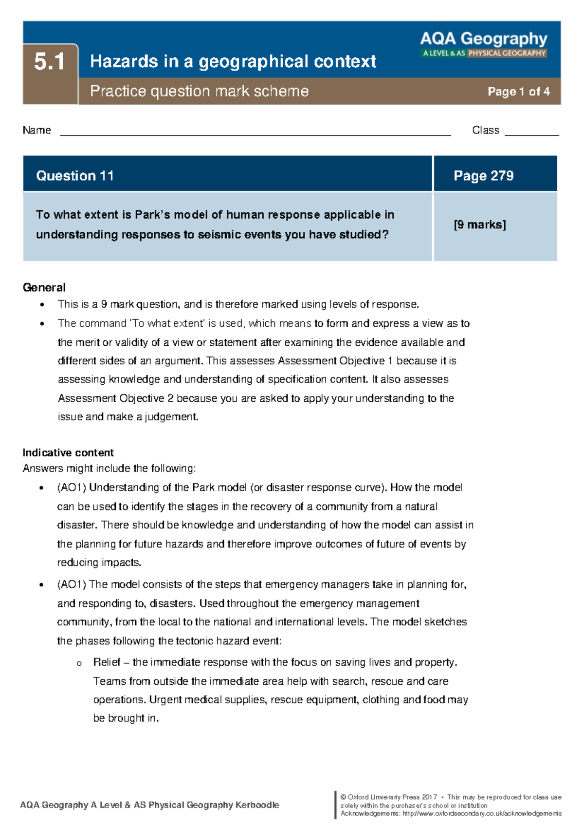 AQA Geography A Level AS: Human Response to Seismic Events Mark Scheme ...