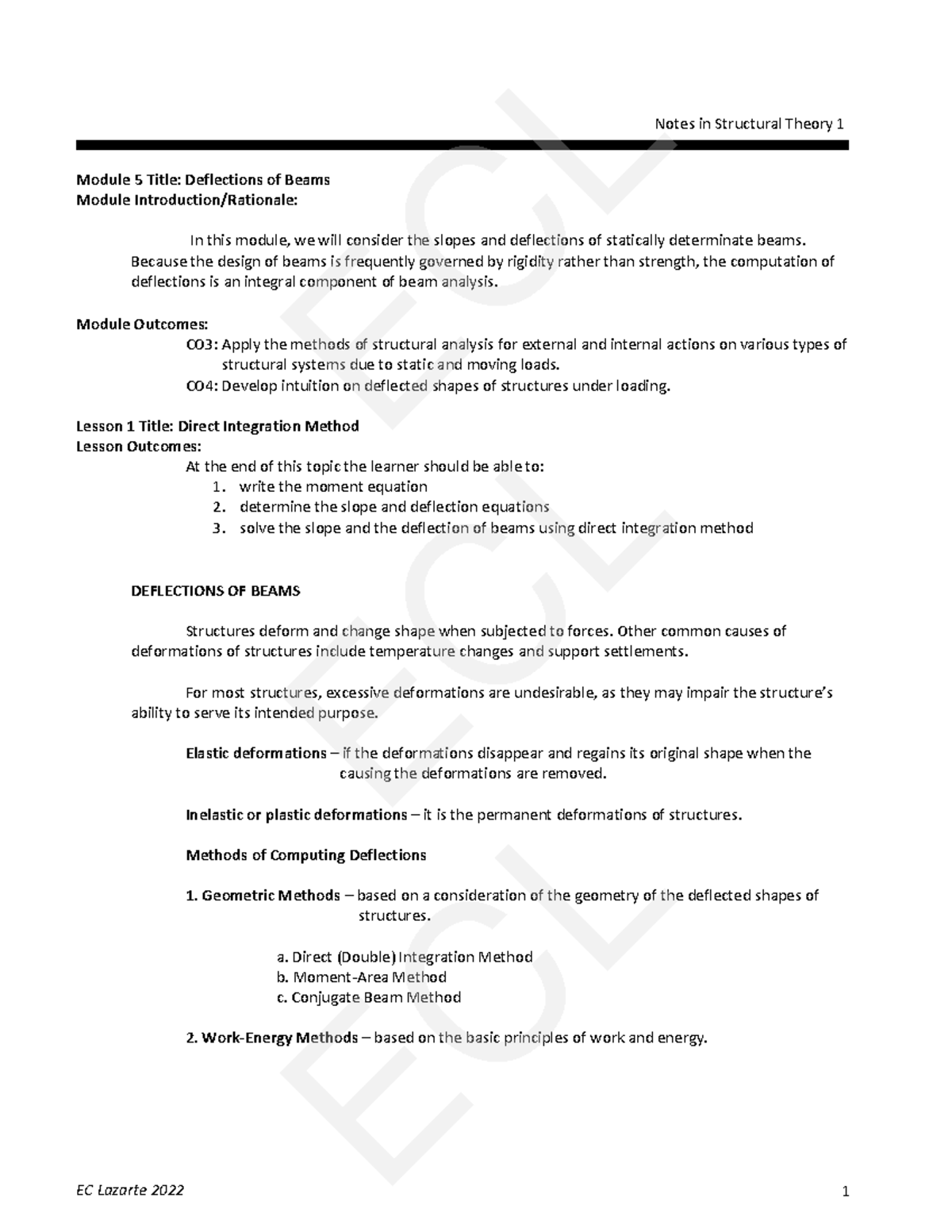 EC L L L Notes in Structural Theory 1: Module 5 - Deflections of Beams ...