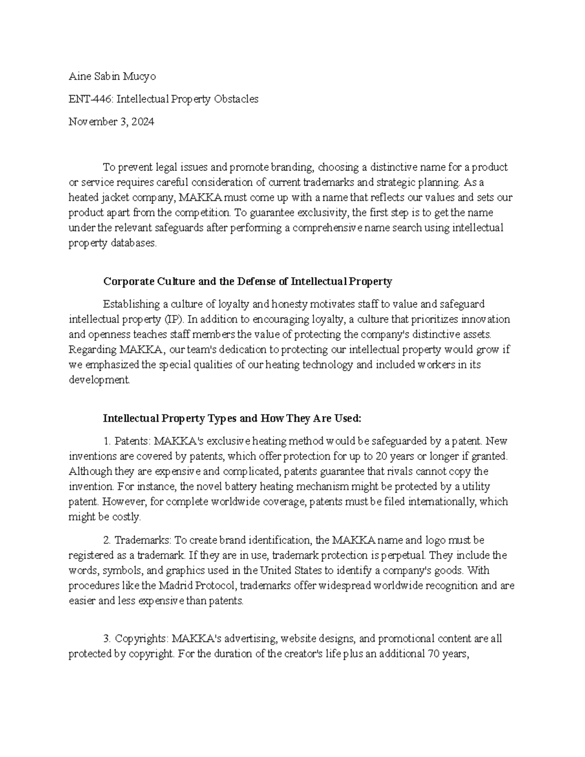 ENT-446: Overcoming Intellectual Property Challenges for MAKKA - Studocu