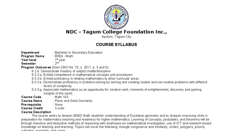 Math 103 Syllabus: Plane and Solid Geometry for BSEd 1st Year - Studocu