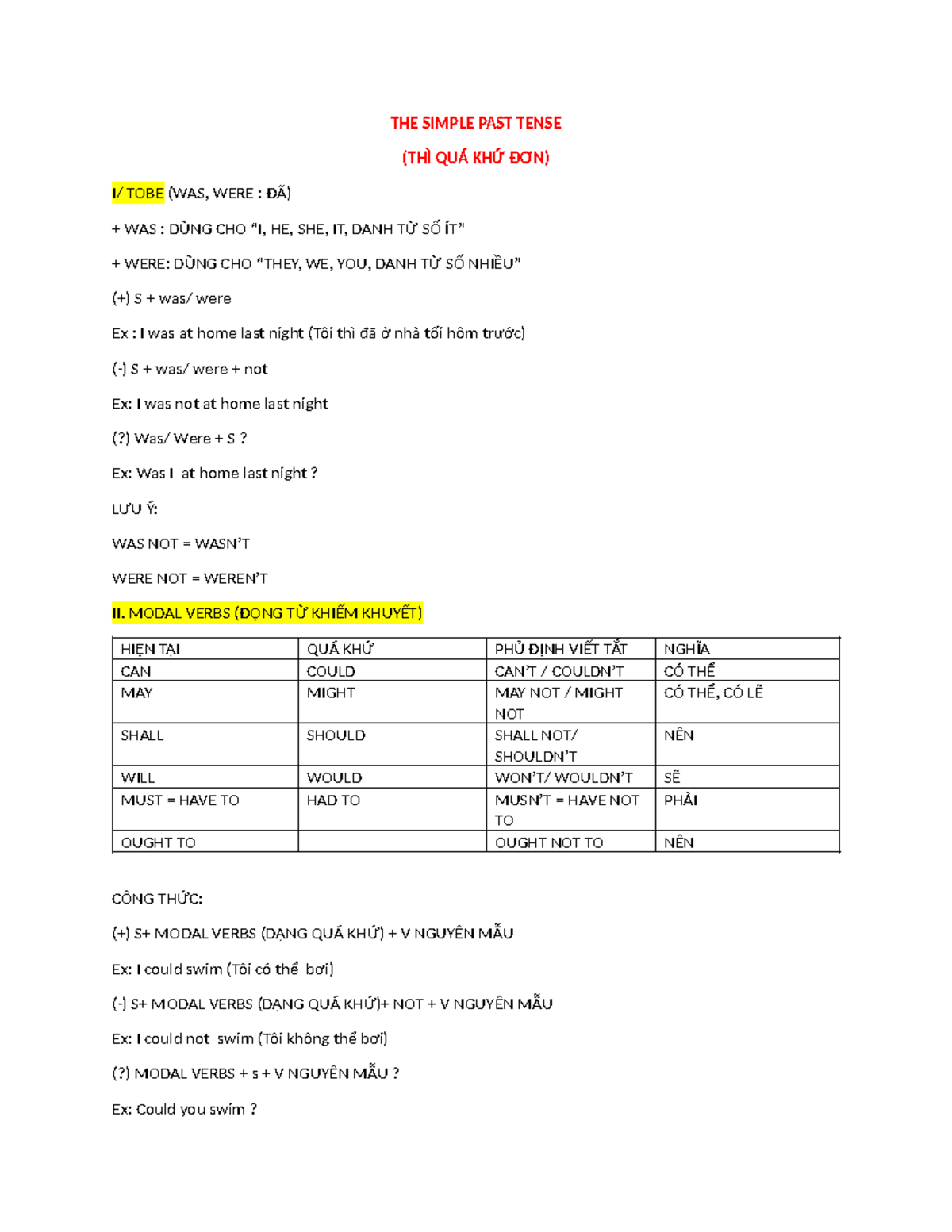 Simple Past Tense & Modal Verbs Overview (English) - Studocu