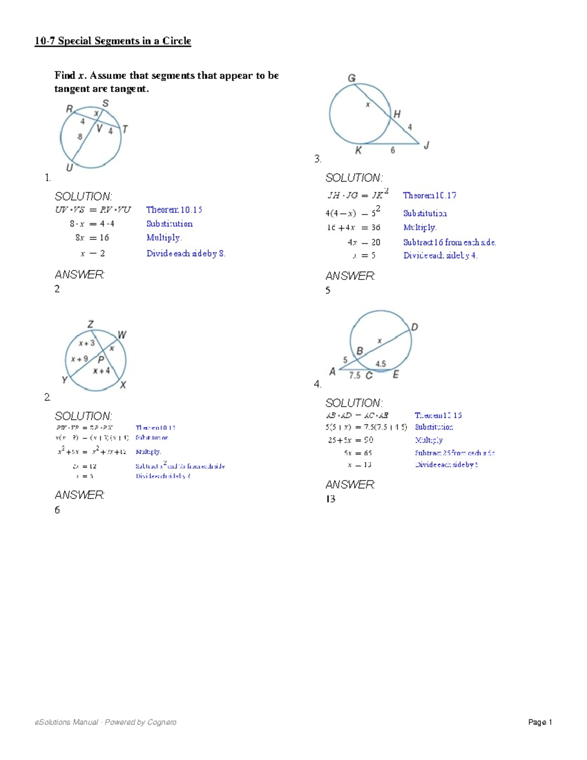 10-7 Special Segments in a Circle: Solutions and Explanations - Studocu