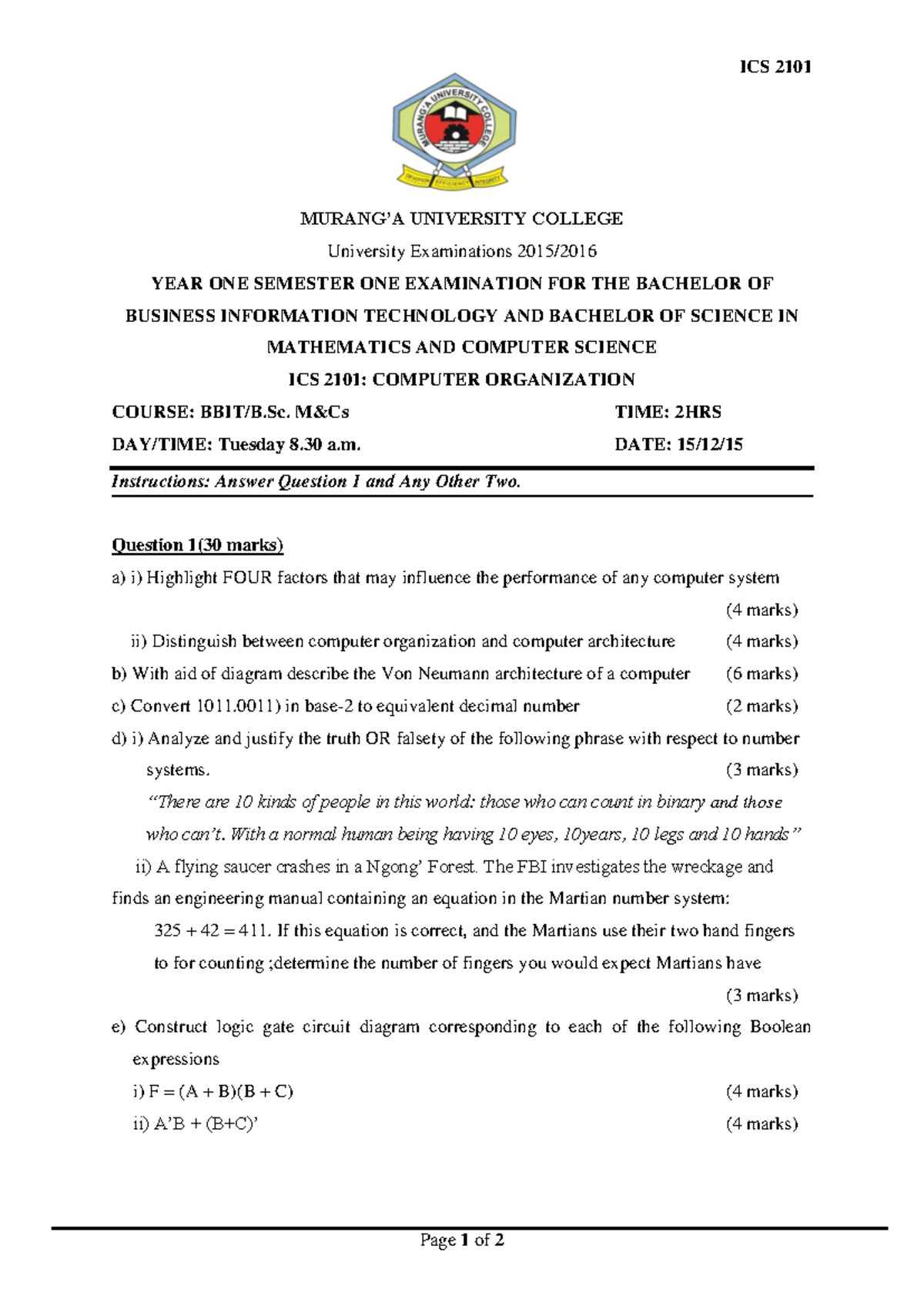 ICS 2101 Final Exam: Computer Organization Overview and Questions - Studocu