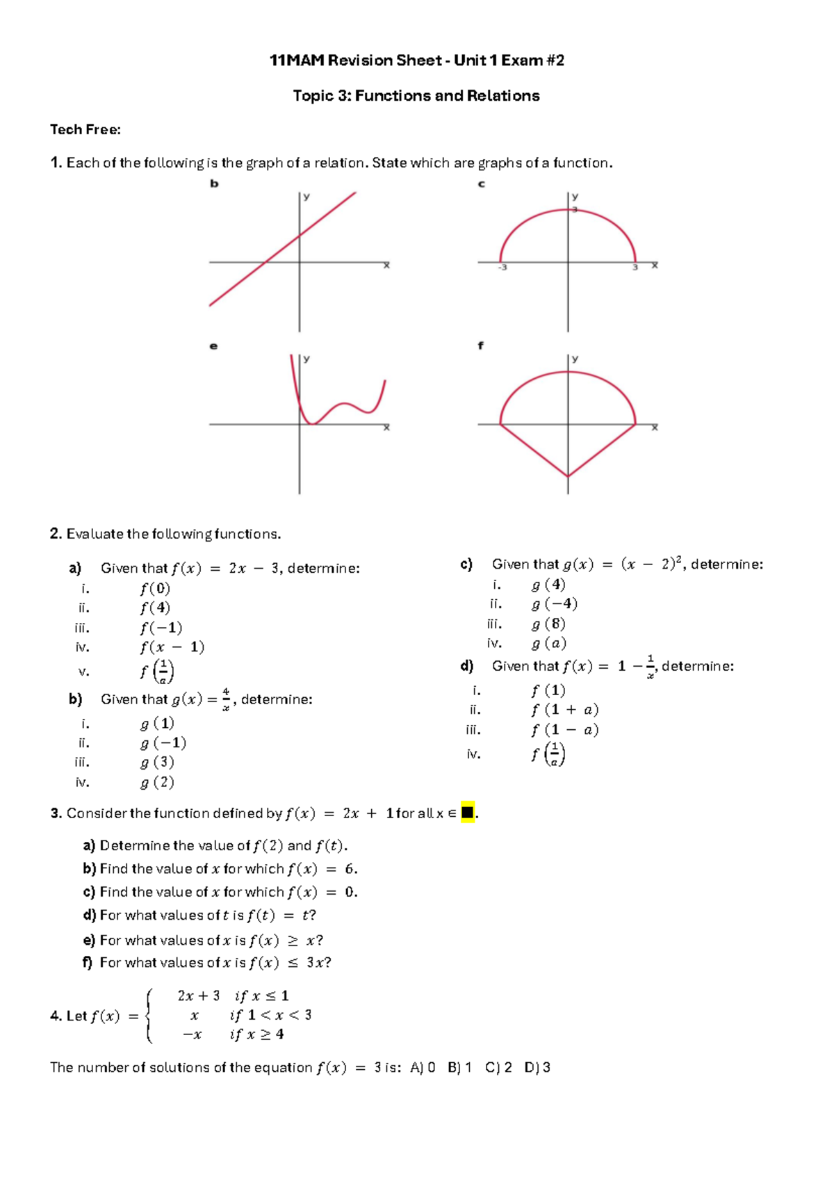 11MAM Revision Sheet - Unit 1 Exam #2 - Studocu