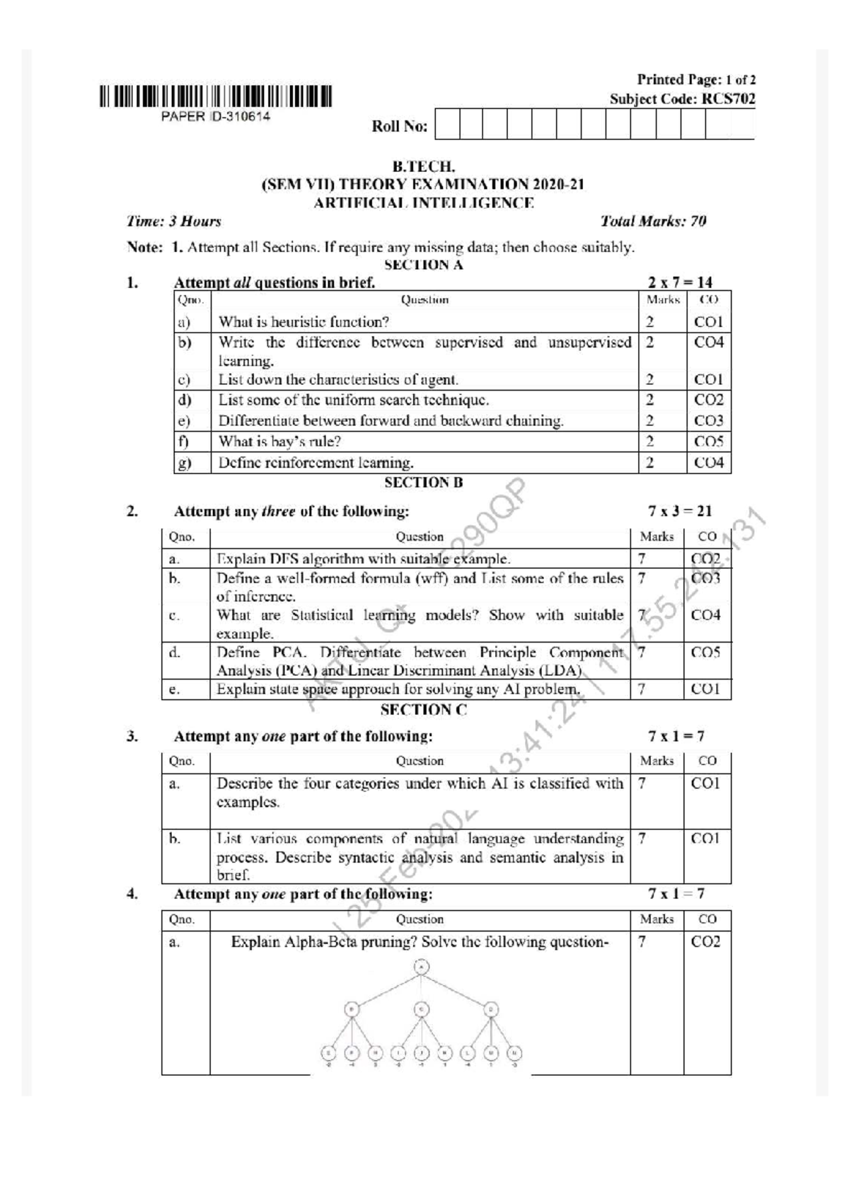 RCS702 B.TECH SEM VII AI Theory Exam Previous Year Questions - Studocu