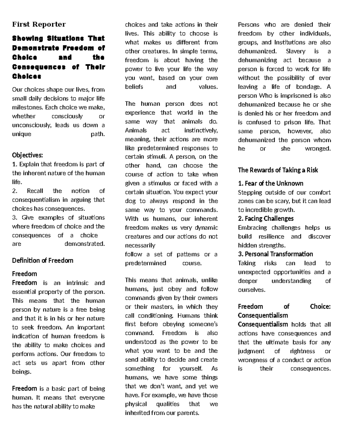 HumSS 12 Philosophy Notes: Freedom of Choice and Consequences - Studocu
