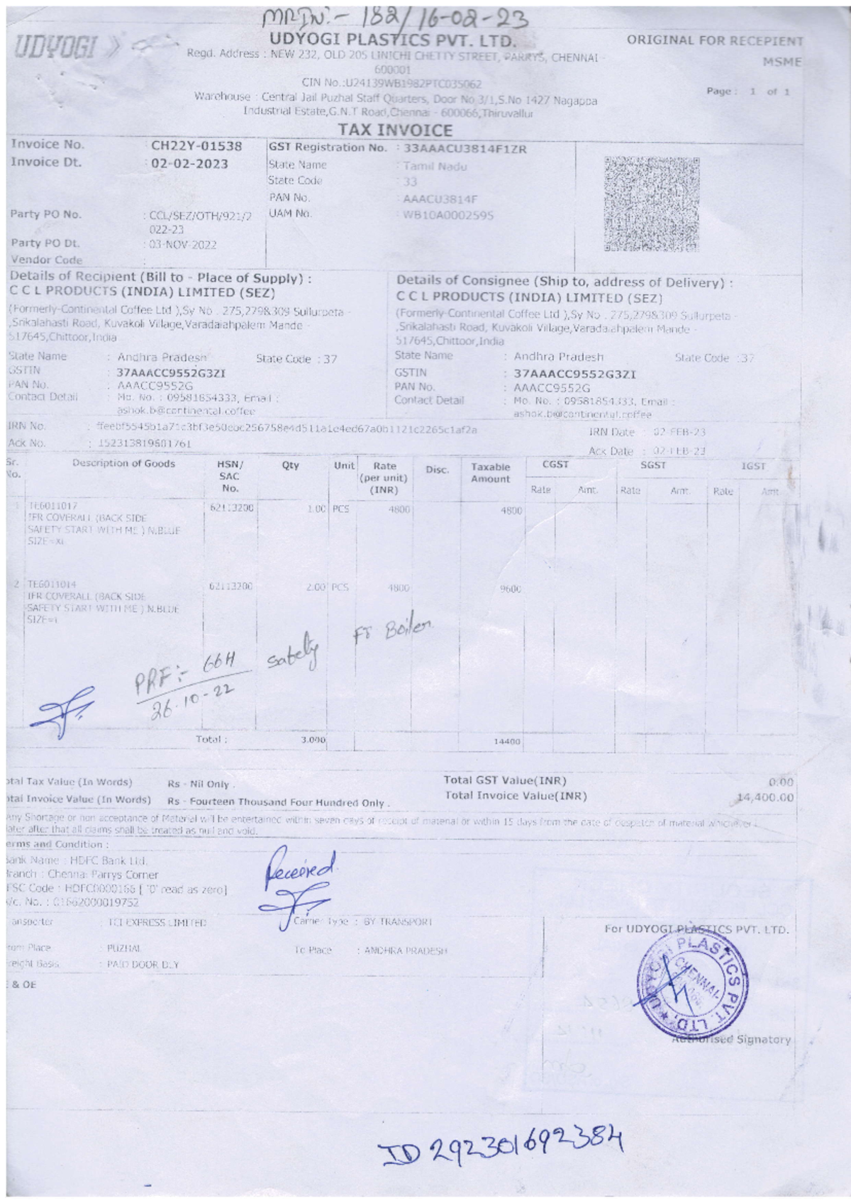 Invoice and Acknowledgment for LUT: CH22Y-01538 Details - Studocu