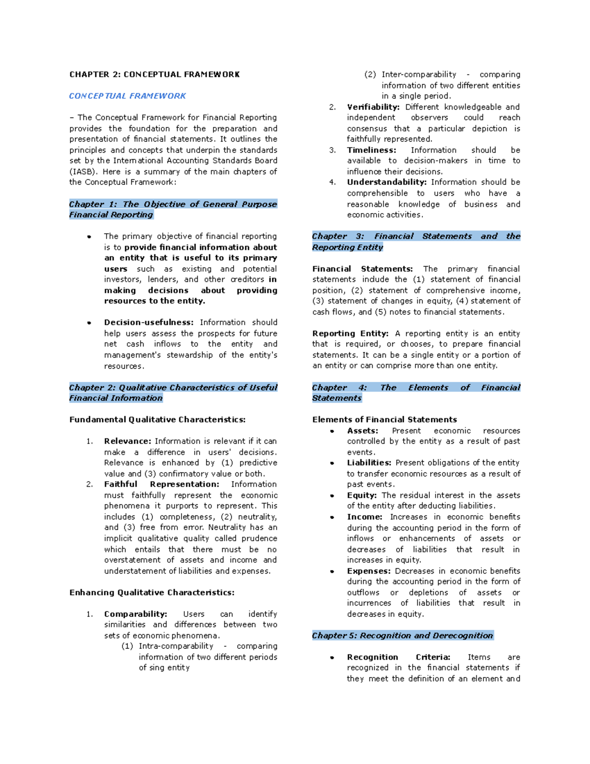 CFAS Notes: Chapter 2 - Conceptual Framework Overview - Studocu