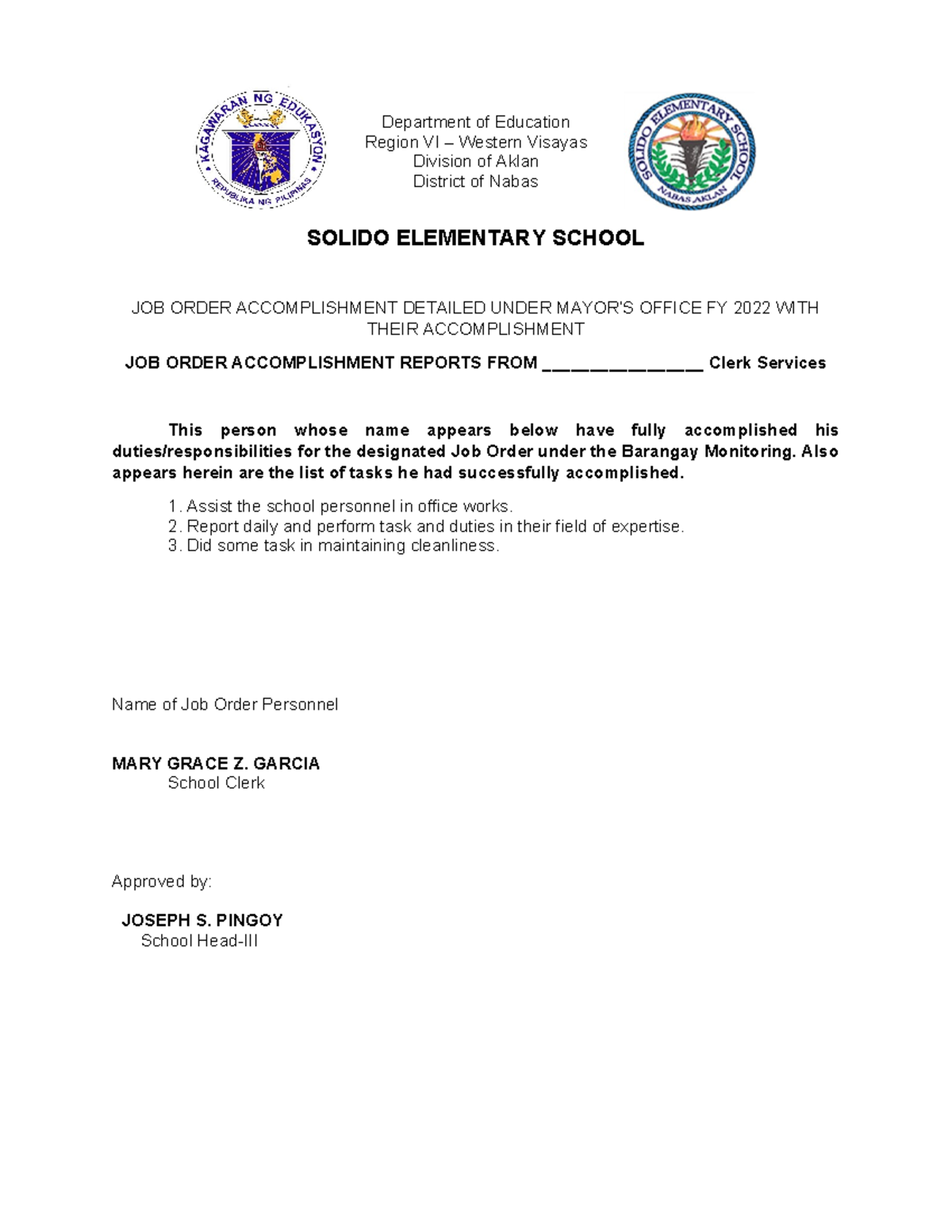 Accomplishment Report: Job Order Details for Mary Grace - FY 2022 - Studocu