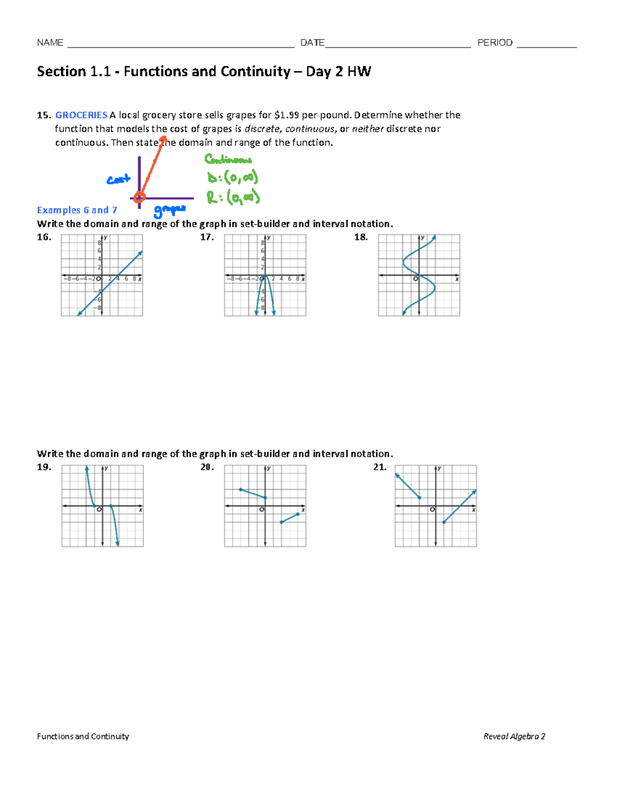 Reveal Algebra 2 - 1.1 Functions and Continuity HW Day 2 - Studocu