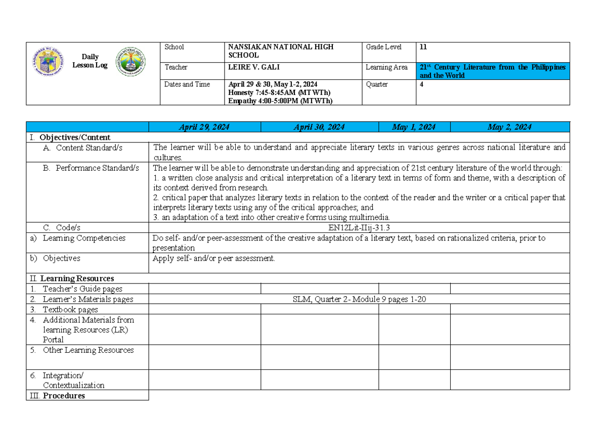 DLL-21st Century Literature Lesson Log: April 29-May 3, 2024 - Studocu