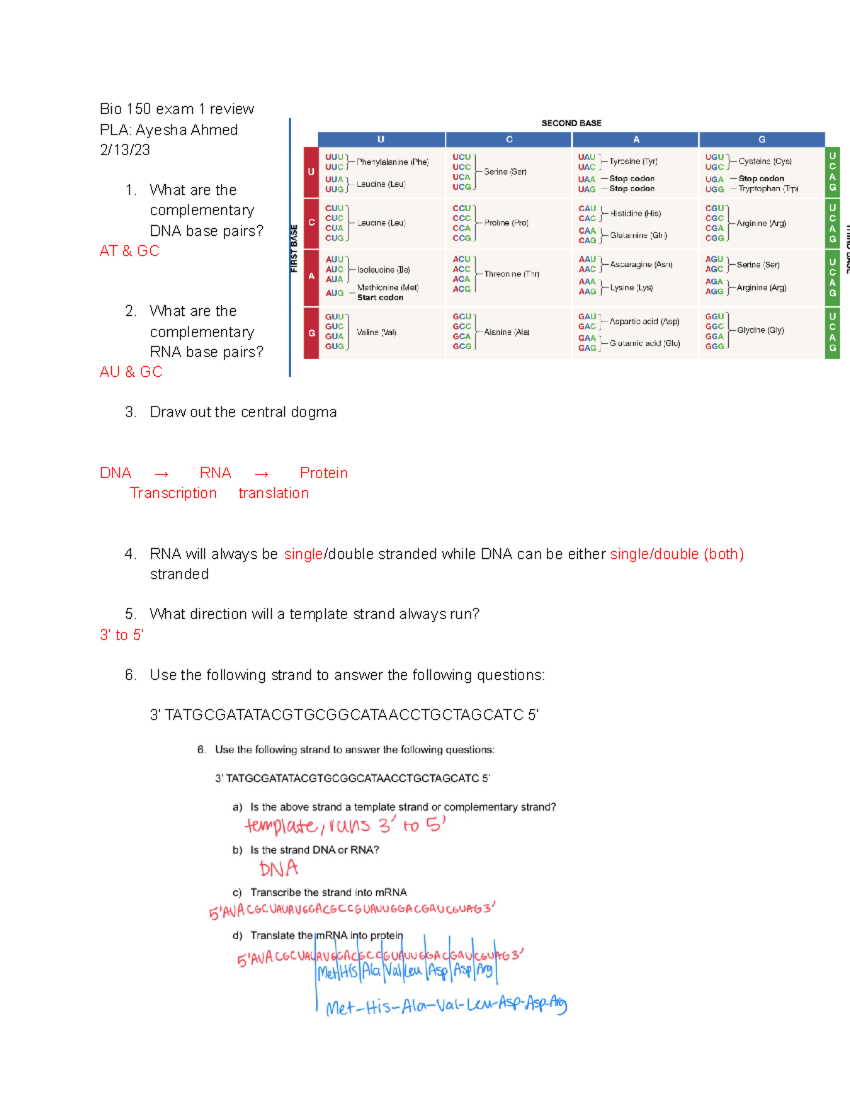 BIO 150 Exam 1 Review KEY - Bio 150 exam 1 review PLA: Ayesha Ahmed 2 ...